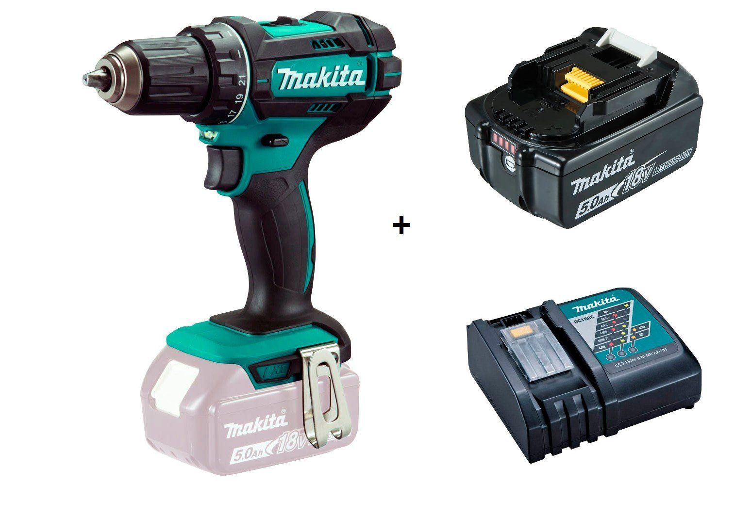 Makita Akku-Bohrschrauber DDF482Z mit Akku 5,0 Ah und Ladegerät, max. 1900,00 U/min, (Komplett-Set)