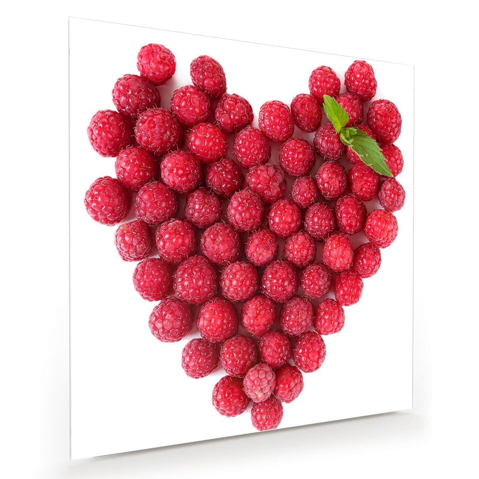 Primedeco Glasbild Wandbild Quadratisch Herz Aus Himbeeren Mit Blatt