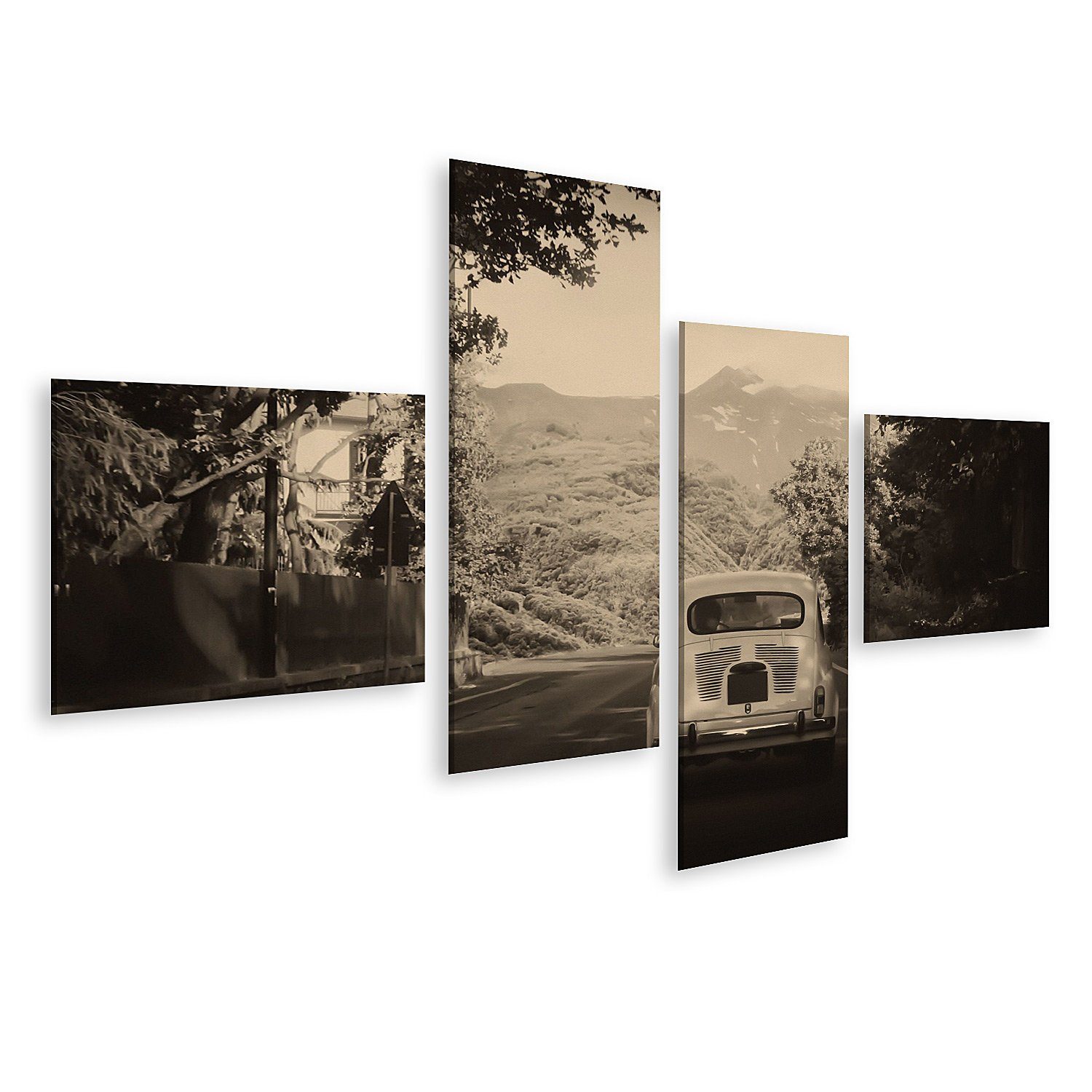 islandburner Leinwandbild Bild auf Leinwand Sepia Foto eines Retro-Autos auf dem Weg in die Berg