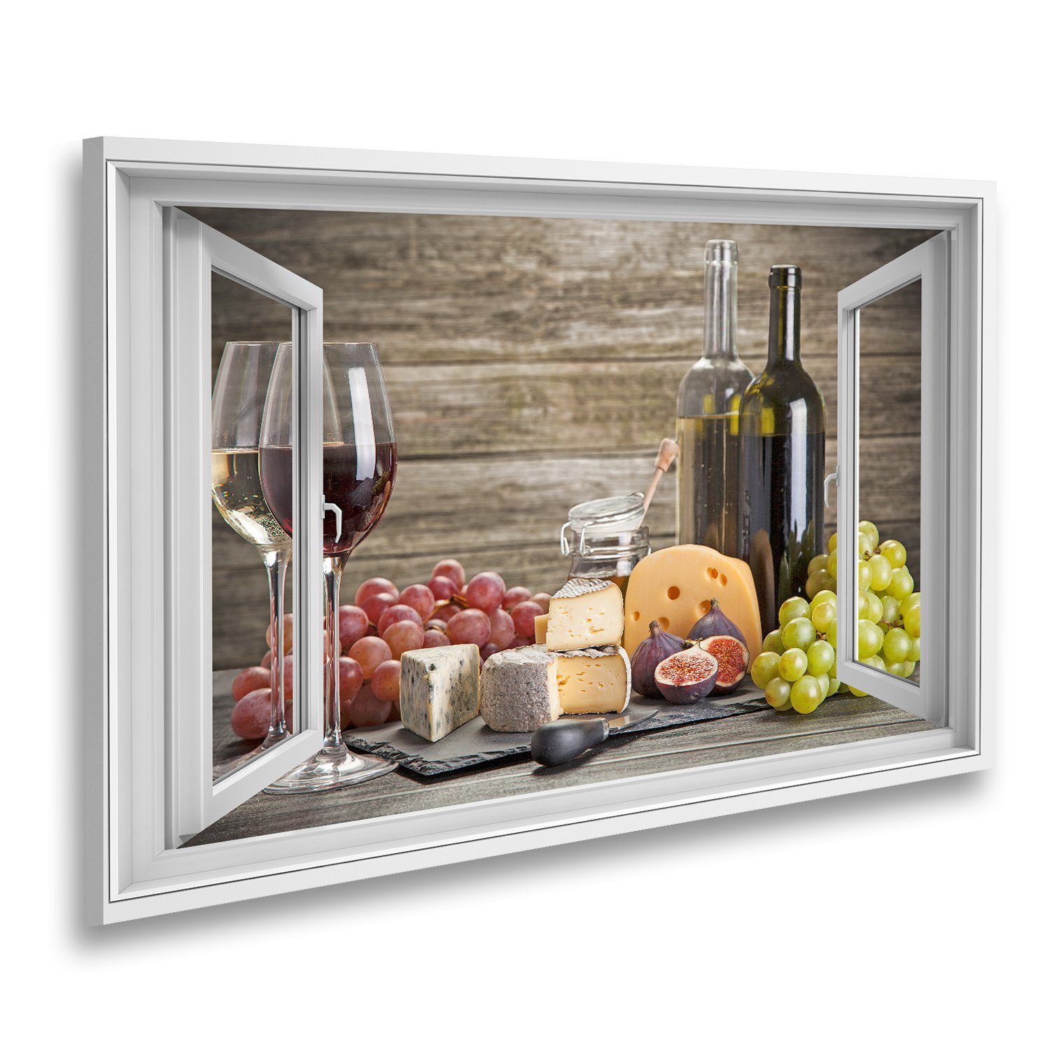 islandburner Leinwandbild Fensterblick Wein und Käsestilleben Sagenhafter Effekt Wandbild Leinwa
