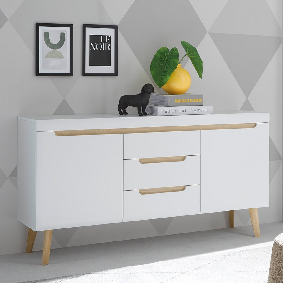 Lomadox Sideboard Stockton 61 Matt Weiß Mit Eiche Nb 2 Türen 3