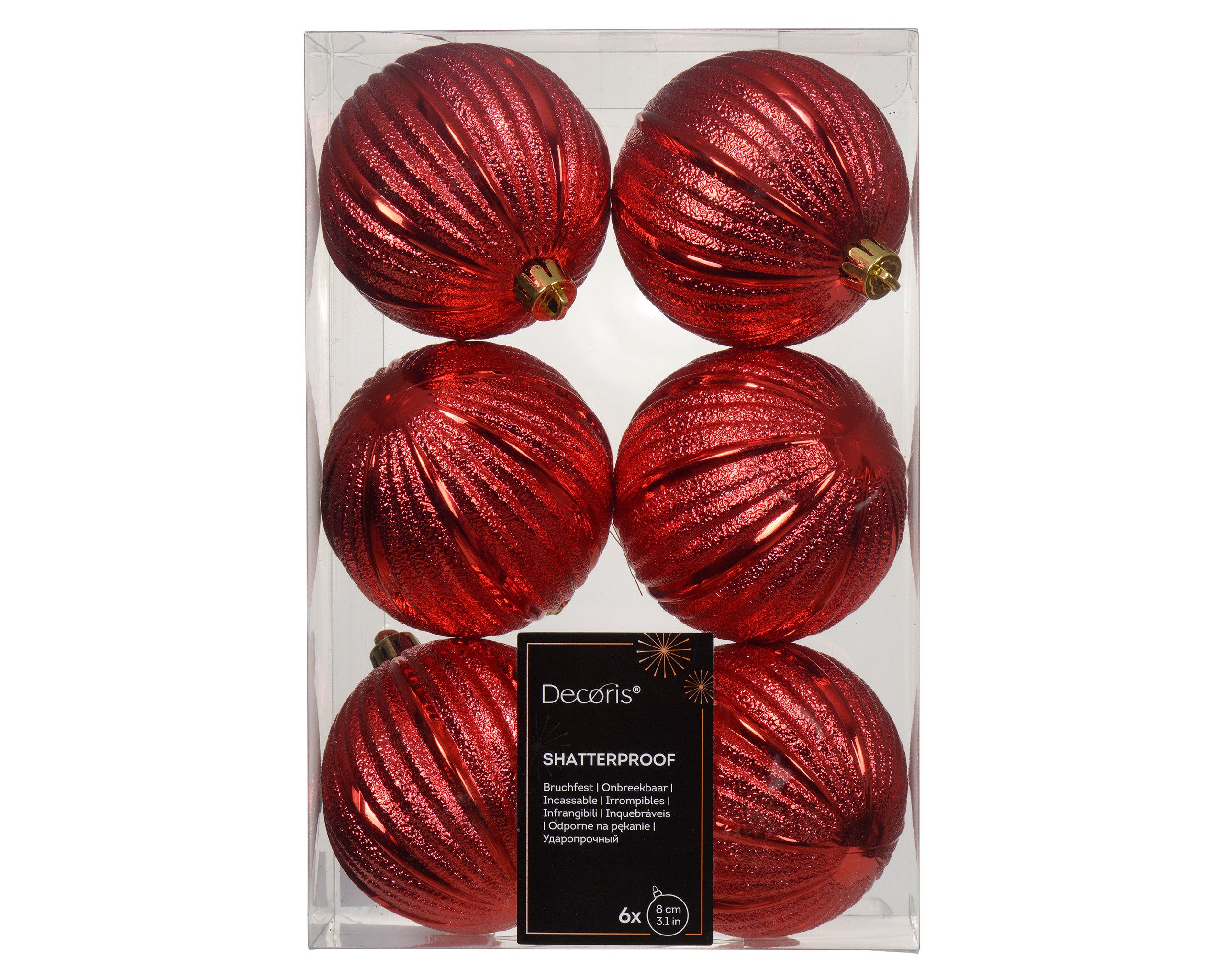 Kaemingk Weihnachtsbaumkugel, Weihnachtskugeln Kunststoff 8cm geriffelt 6 Stück- Weihnachtsrot