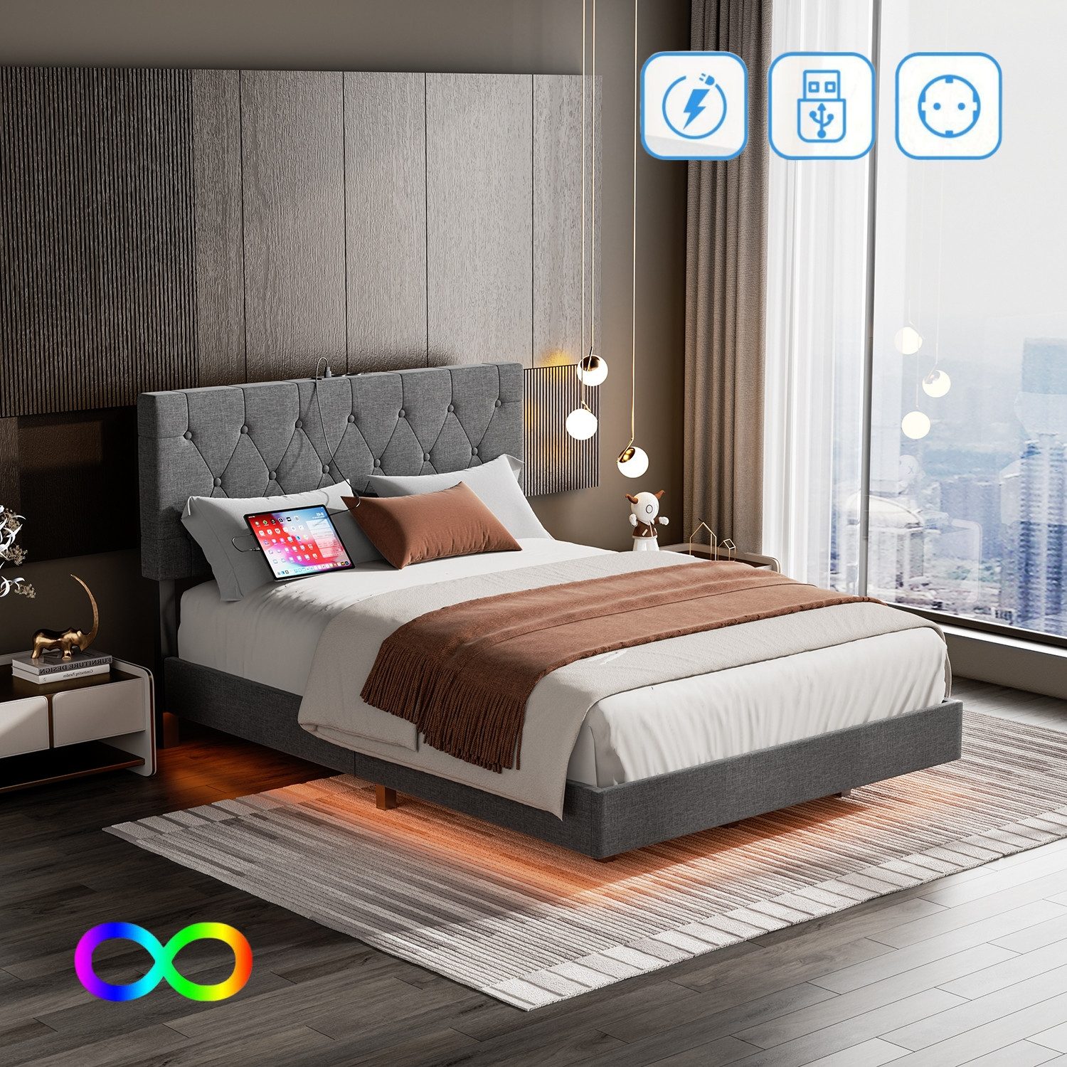 WILGOON Polsterbett Doppelbett 140x200 cm, Stauraumbett, LED Polsterbett mit Kopfteil ...