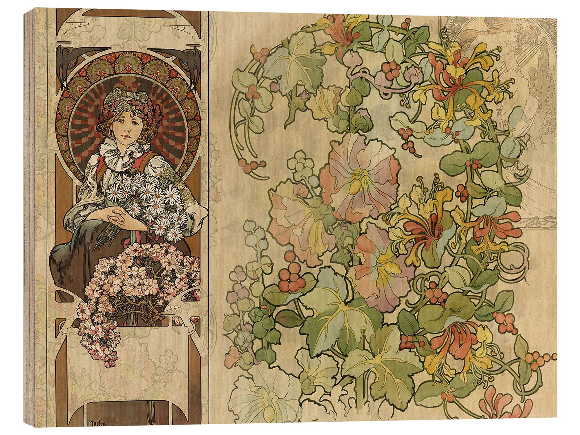 Posterlounge Holzbild Alfons Mucha, Collage Fleurs, Malerei
