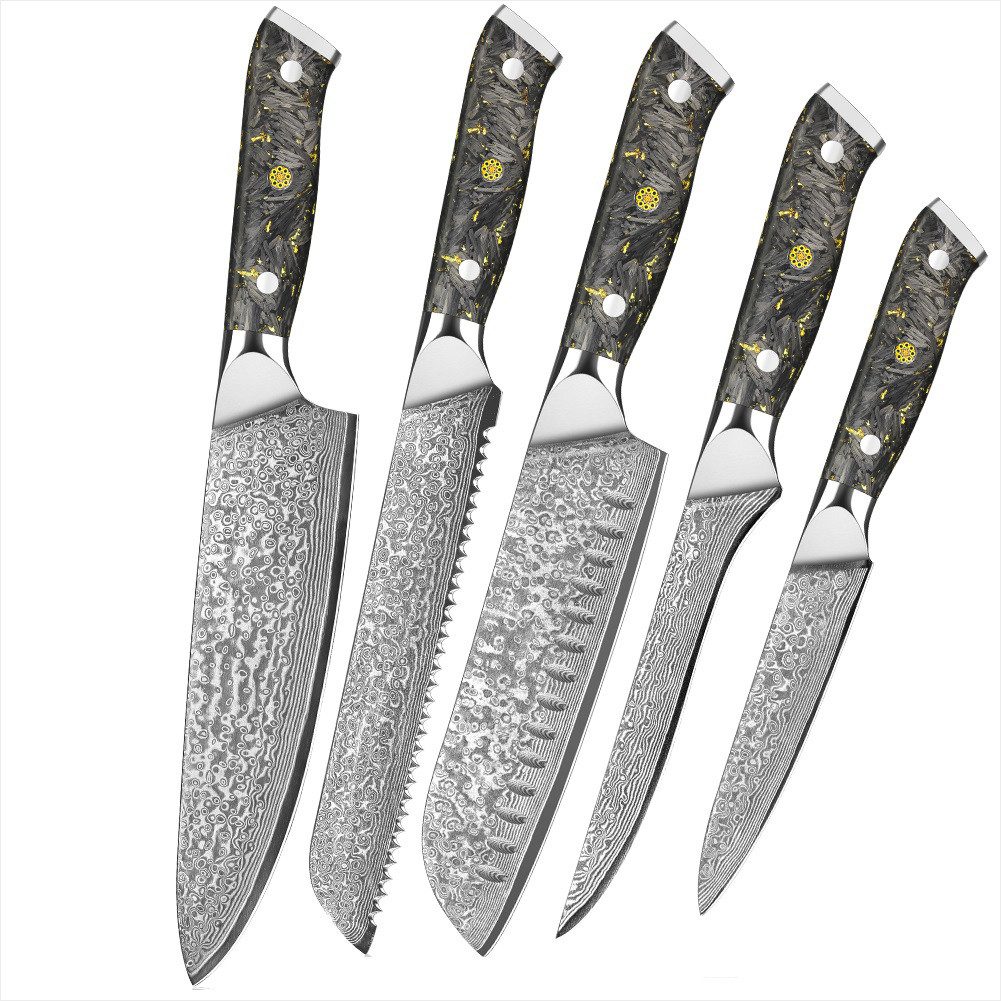 Kinglux Messer Set 5 Teiliges Damastmesser Küchenmesser Set Karbonfaser