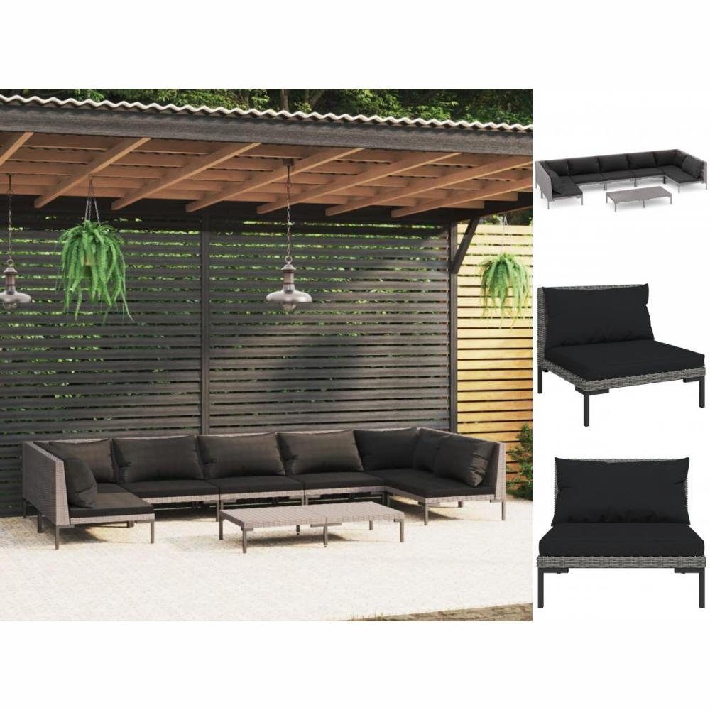 vidaXL Garten-Essgruppe 8-tlg Garten Lounge Set mit Auflagen Poly Rattan Dunkelgrau Loungemöbe