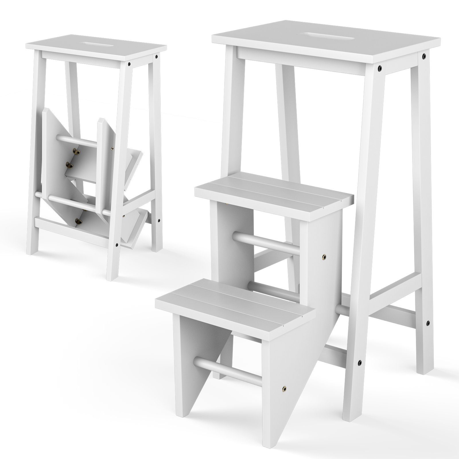 COSTWAY Tritthocker, klappbar, mit drehbaren Stufen, Tragegriff, Massivholz