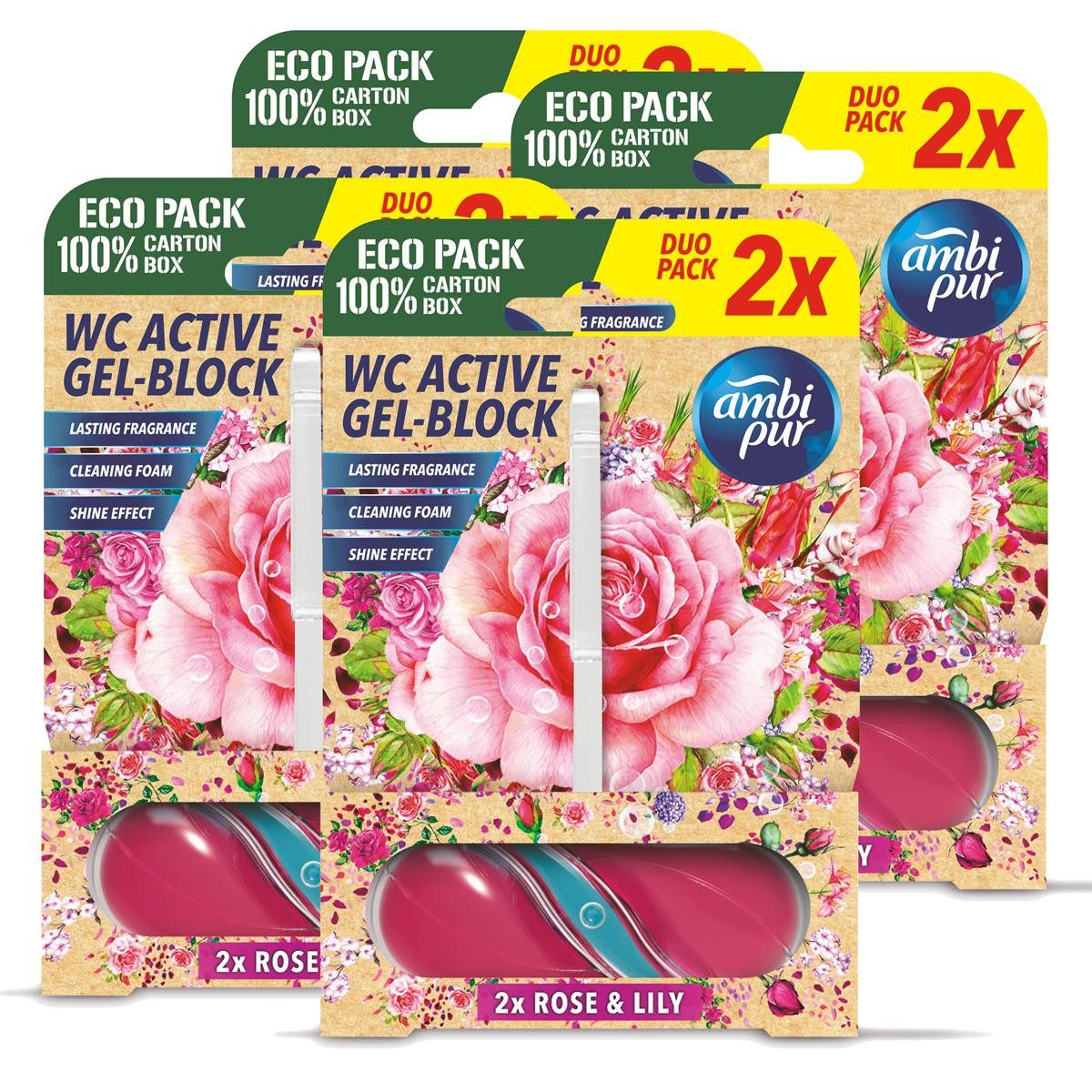 ambi pur WC-Duftspüler Ambi Pur WC Active Gel-Block 2x45g Rose & Lily - WC Duft (4er Pack)
