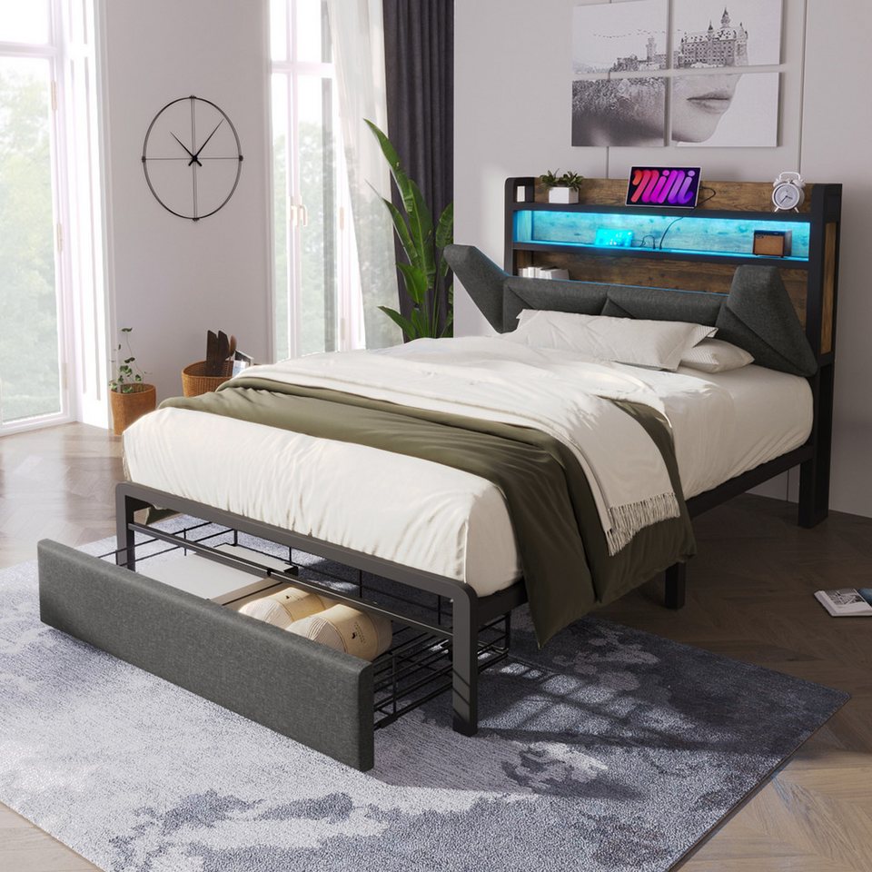 Extsud Metallbett Polsterbett Mit Usb Typ C Ladefunktion Led
