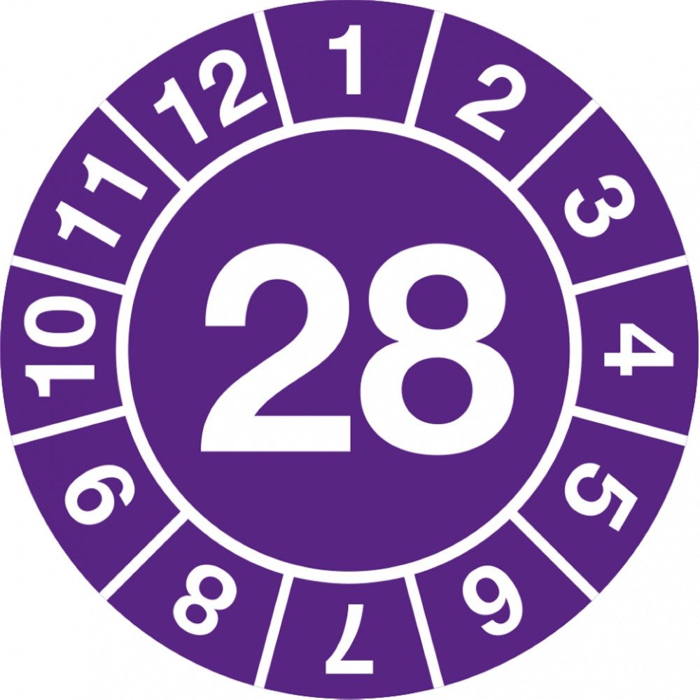 Dreifke Hinweisschild Prüfplakette 28, violett/weiß, Haftpapier, permanent, Ø 20mm, 1000 Stk