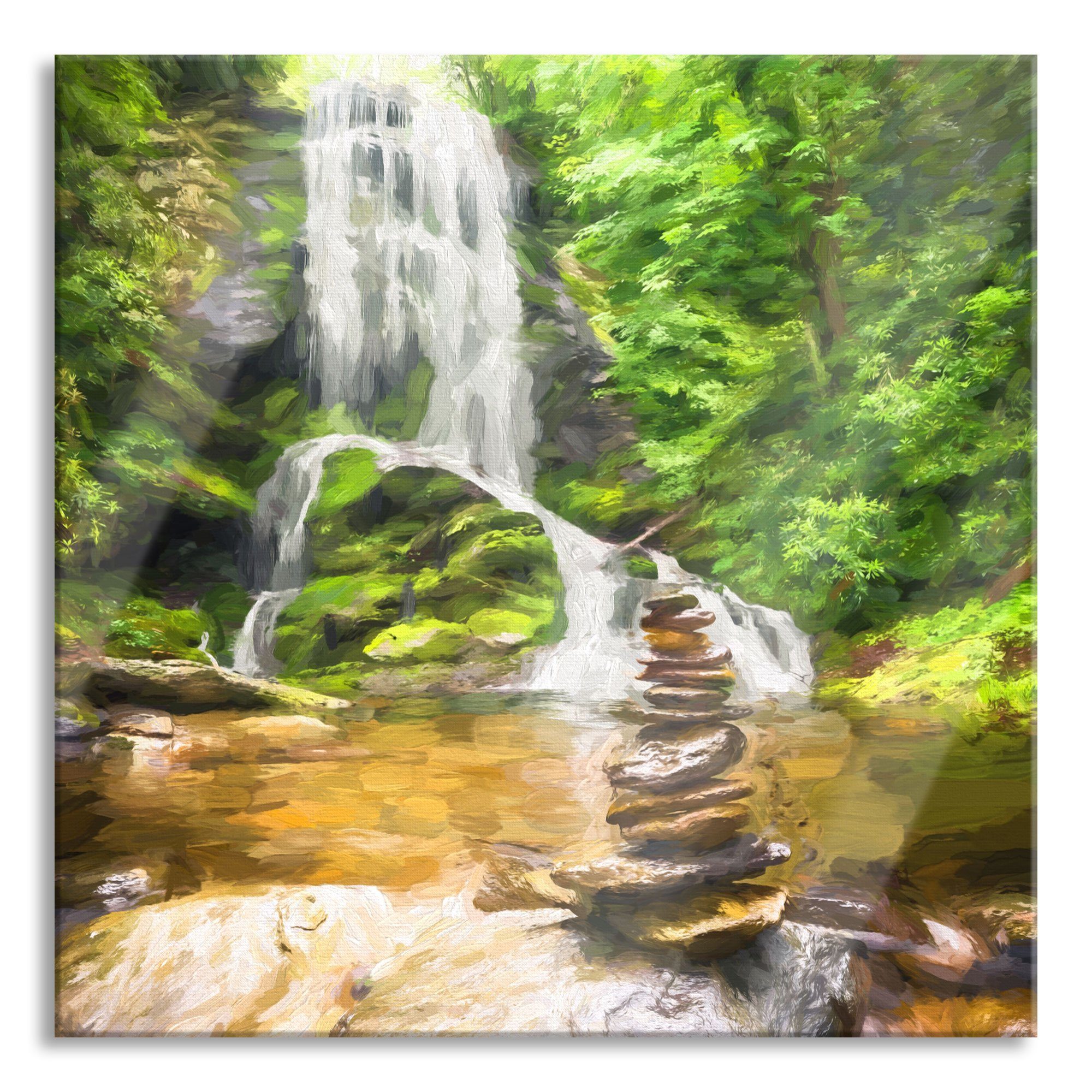Pixxprint Glasbild Zen Steine vor Wasserfall Kunst, Zen Steine vor Wasserfall Kunst (1 St ...
