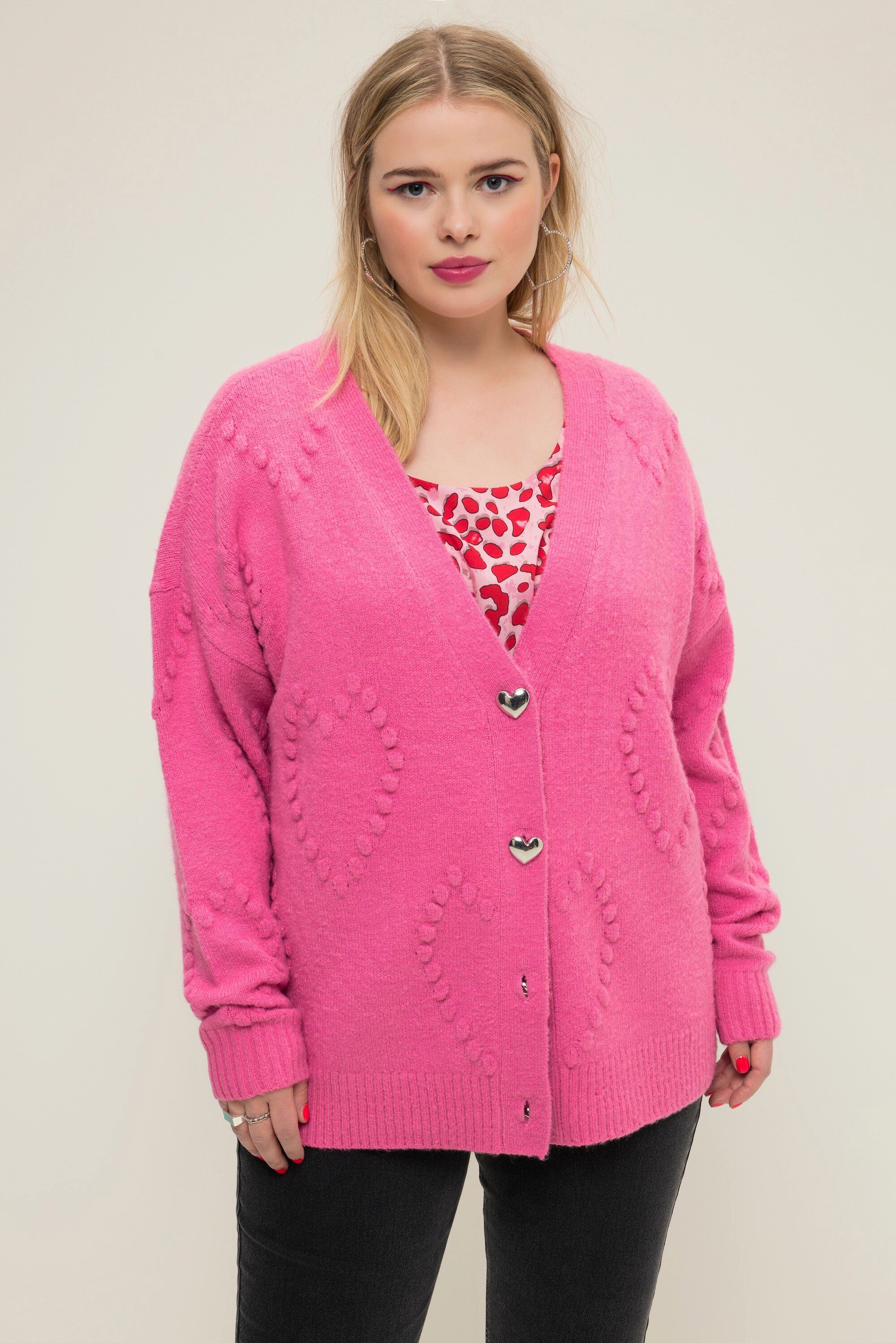 Studio Untold Strickjacke Strickjacke oversized Heart-Muster V-Ausschnitt
