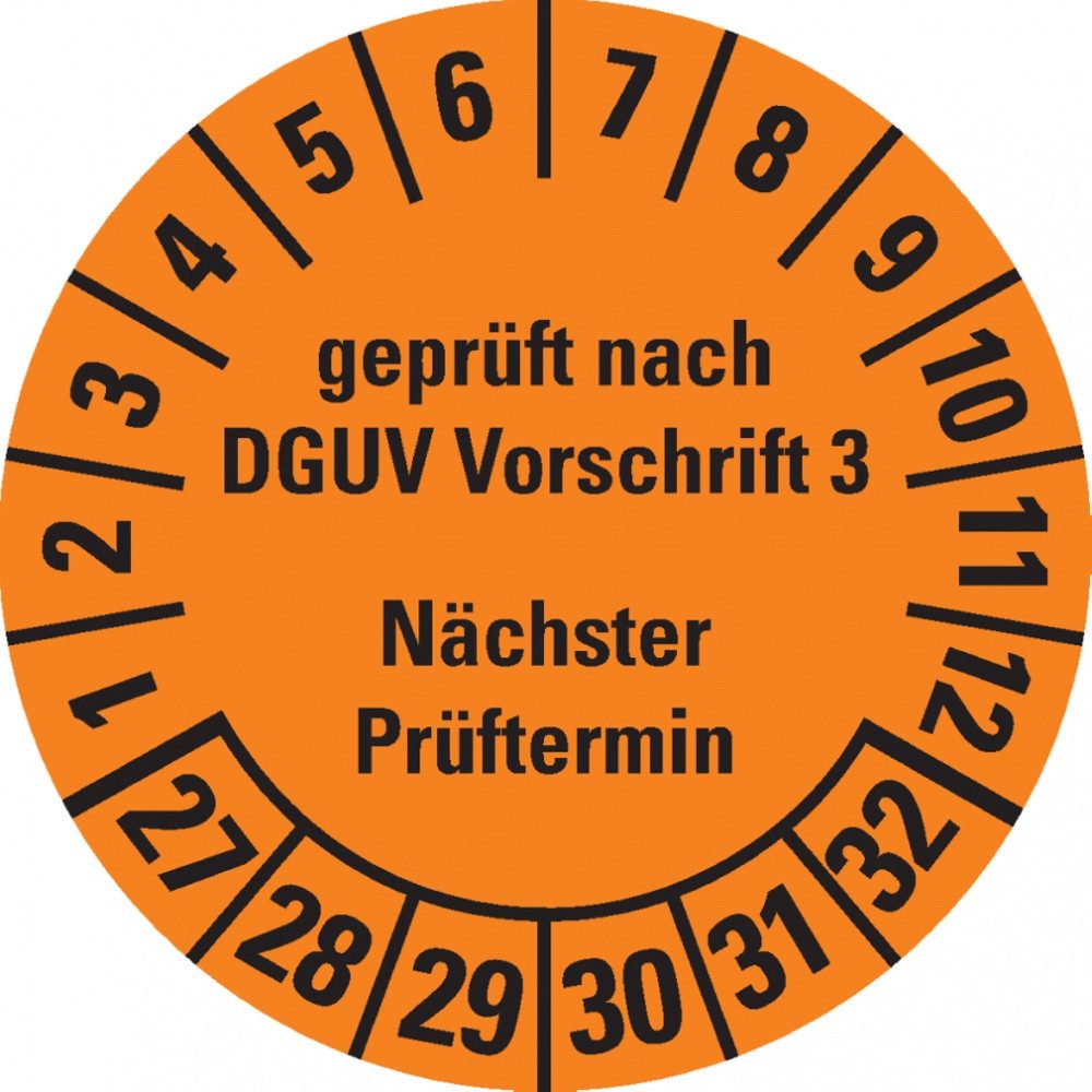 Dreifke Hinweisschild Plakette DGUV Vorschrift 3, nä. Prüft. 27-32, orange, Folie, Ø30mm, 50 ...