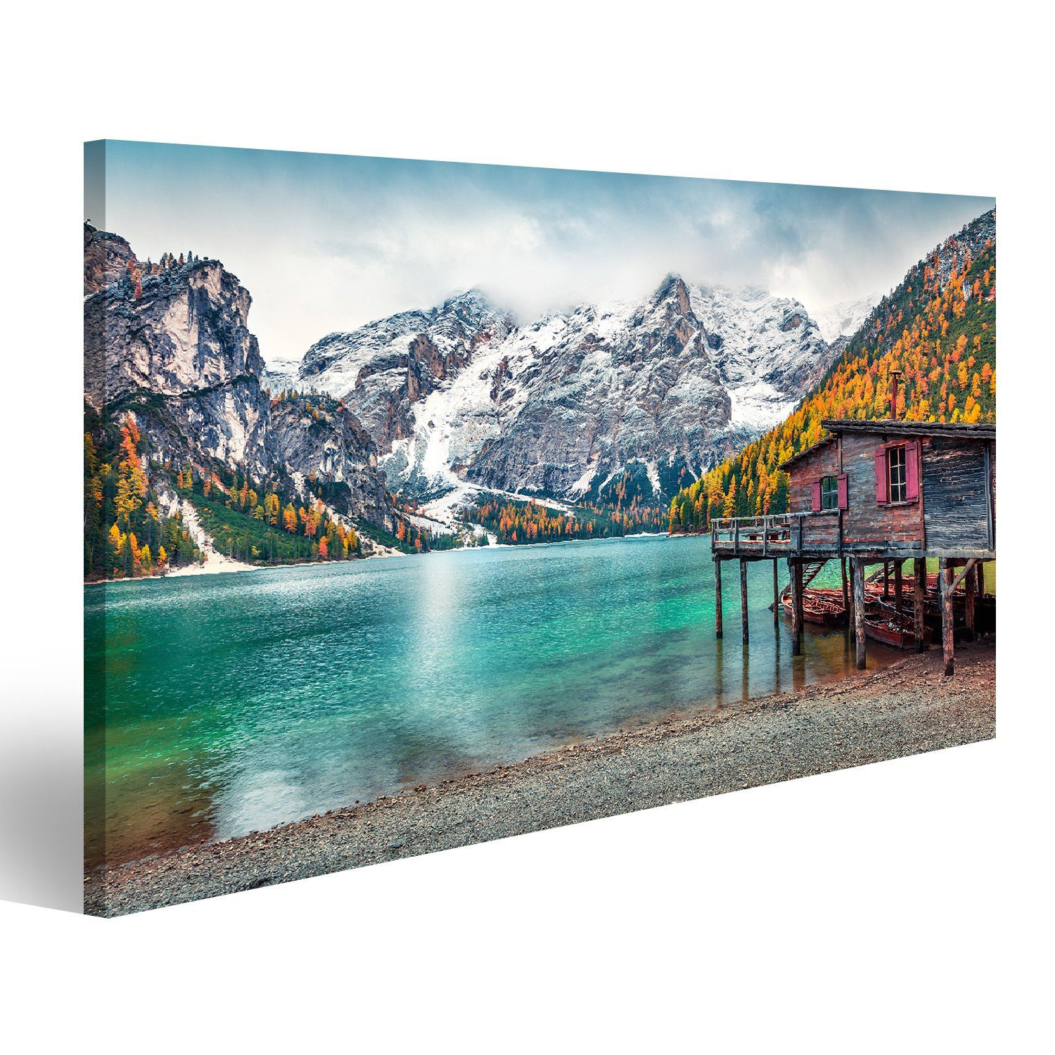 islandburner Leinwandbild »Bild auf Leinwand Bootshütte Am Pragser Wildsee Mit Seekofel Im ...