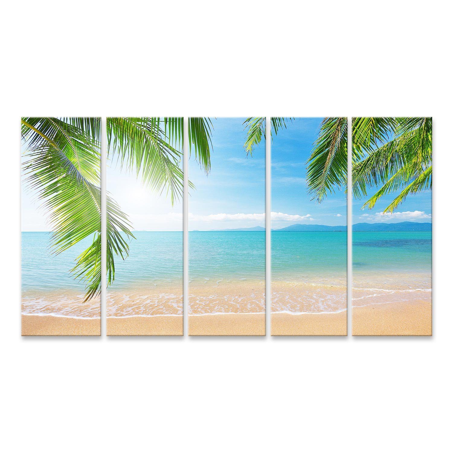 islandburner Leinwandbild Bild auf Leinwand Palmen Und Tropischen Strand 170x80cm 5-teilig XXL