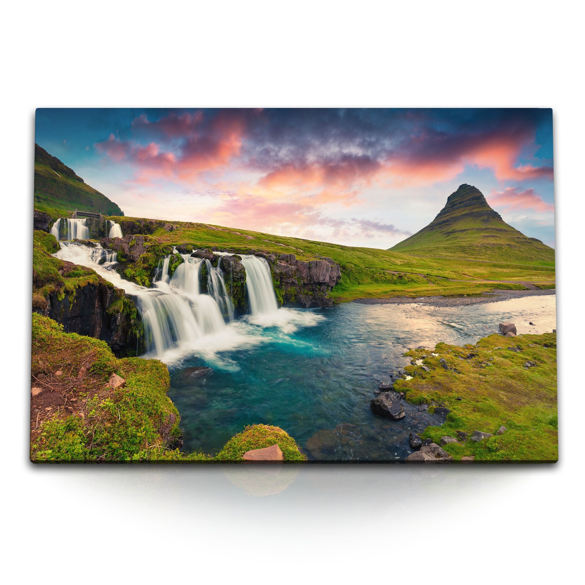 Sinus Art Leinwandbild 120x80cm Wandbild auf Leinwand Island Wasserfälle Grün Natur Fluss Son ...