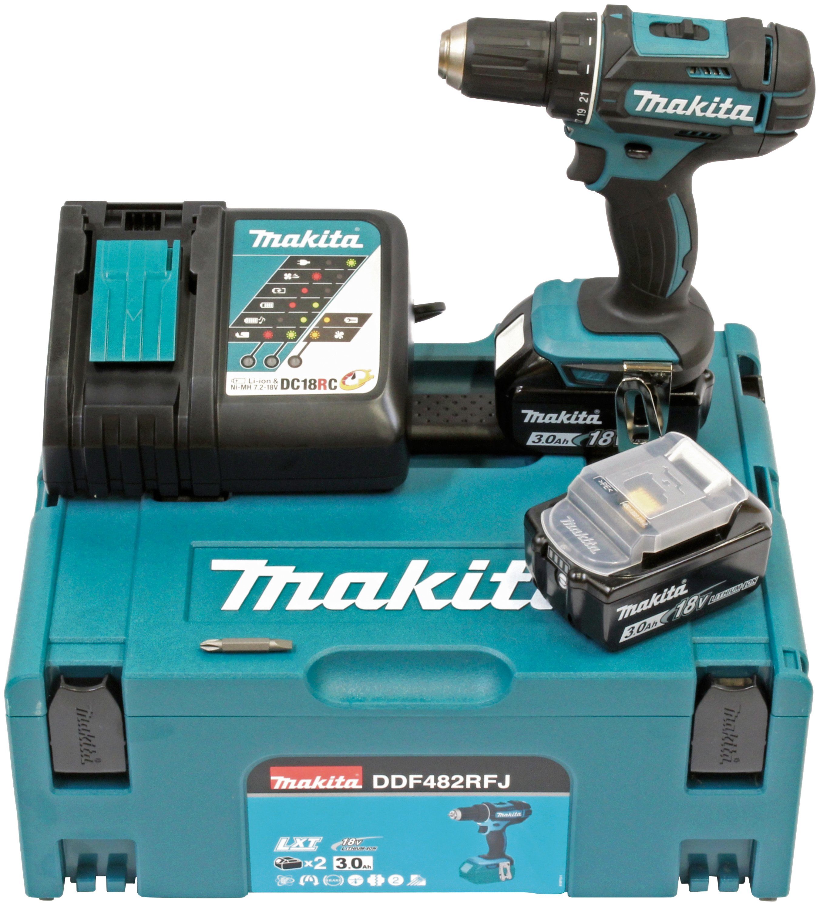 Makita Akku-Bohrschrauber DDF482RFJ, max. 1900 U/min, inkl. 2 Akkus 18V/3Ah, Ladegerät und Koffer