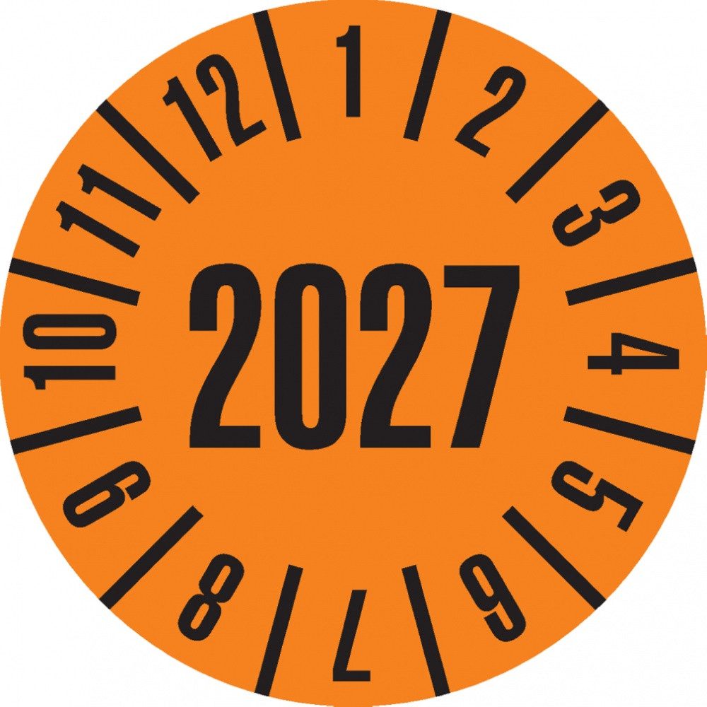 Dreifke Hinweisschild Prüfplakette 2027, orange, Dokumentenfolie, selbstklebend, Ø 35mm, 60