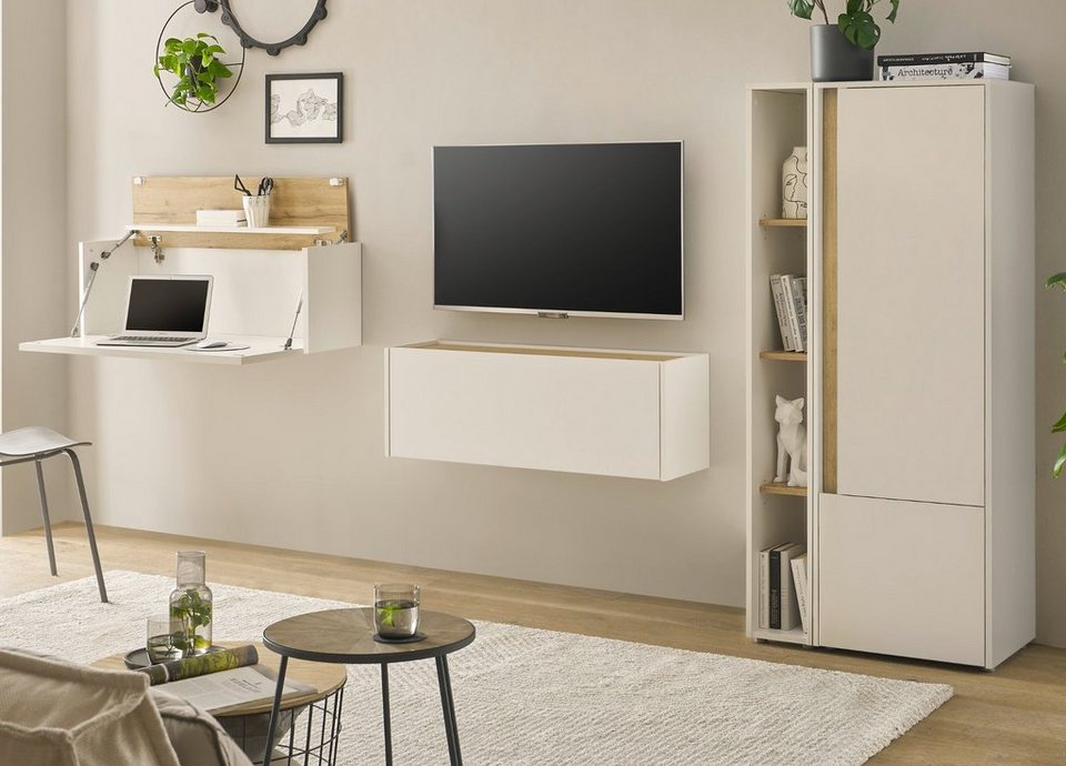 Furndesign Wohnwand Center In Weiß Matt Mit Wotan Eiche 4 Teilig