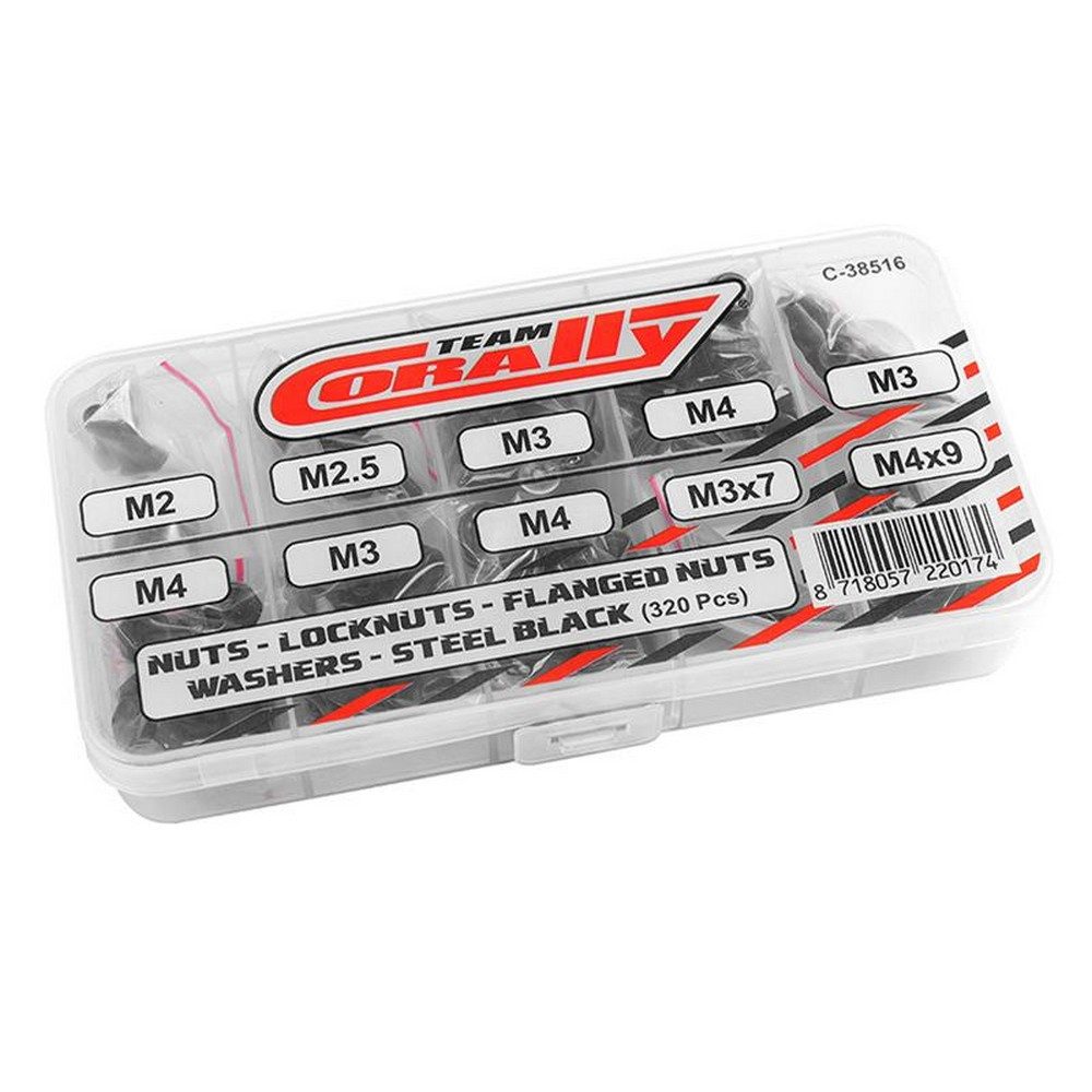 Team Corally Modellbausatz Nuts Lock Nuts Washers Set M2 M2.5 M3 M4 Steel Black 10 Sizes 320 pcs