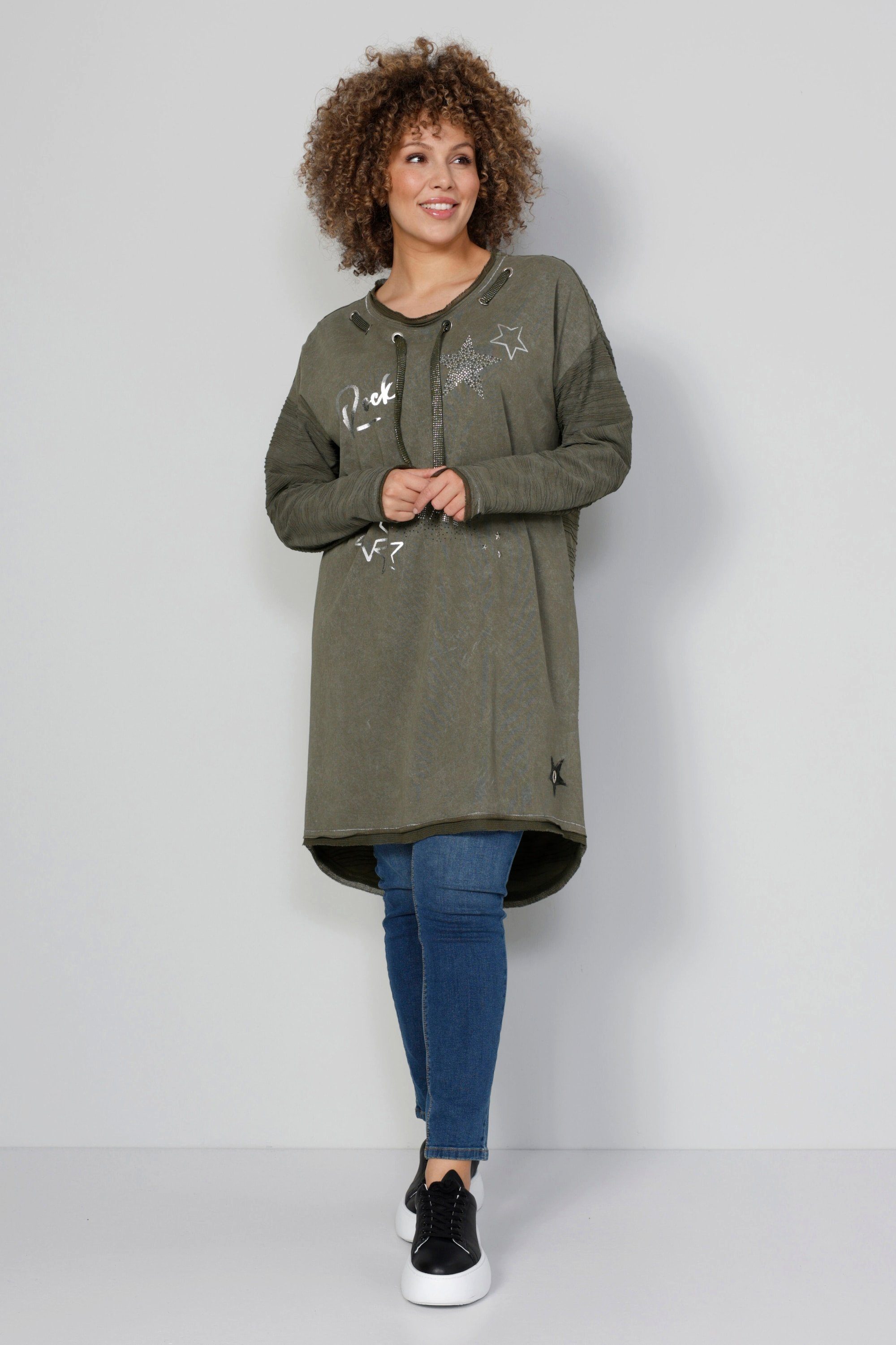 MIAMODA Sweatshirt Long-Sweater RockStar Print Rundhals mit Bindeband