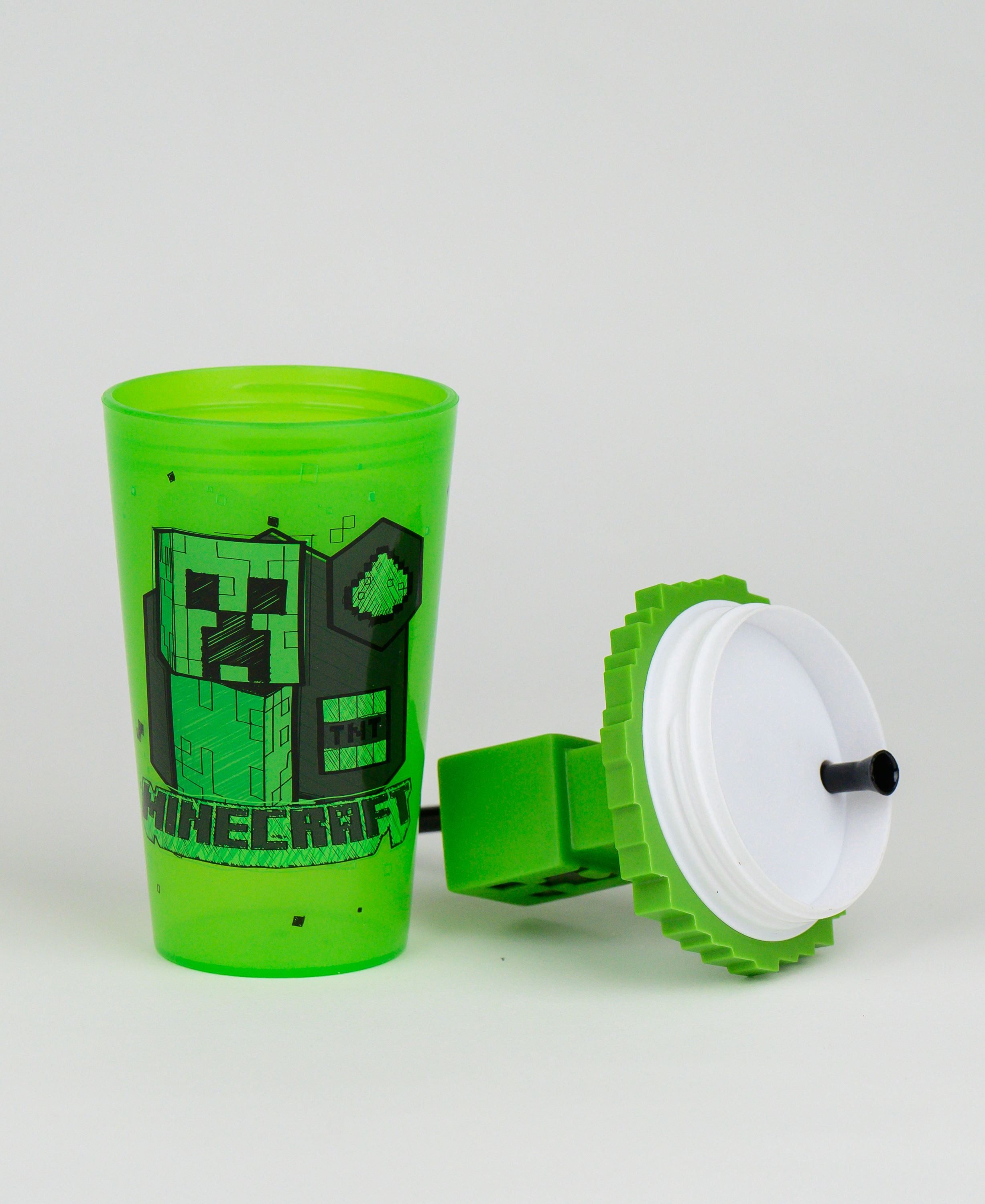 Minecraft Kinderbecher Creeper, PP, mit 3D Creeper Topper & Trinkhalm 500 ml, Kindertrinkbecher