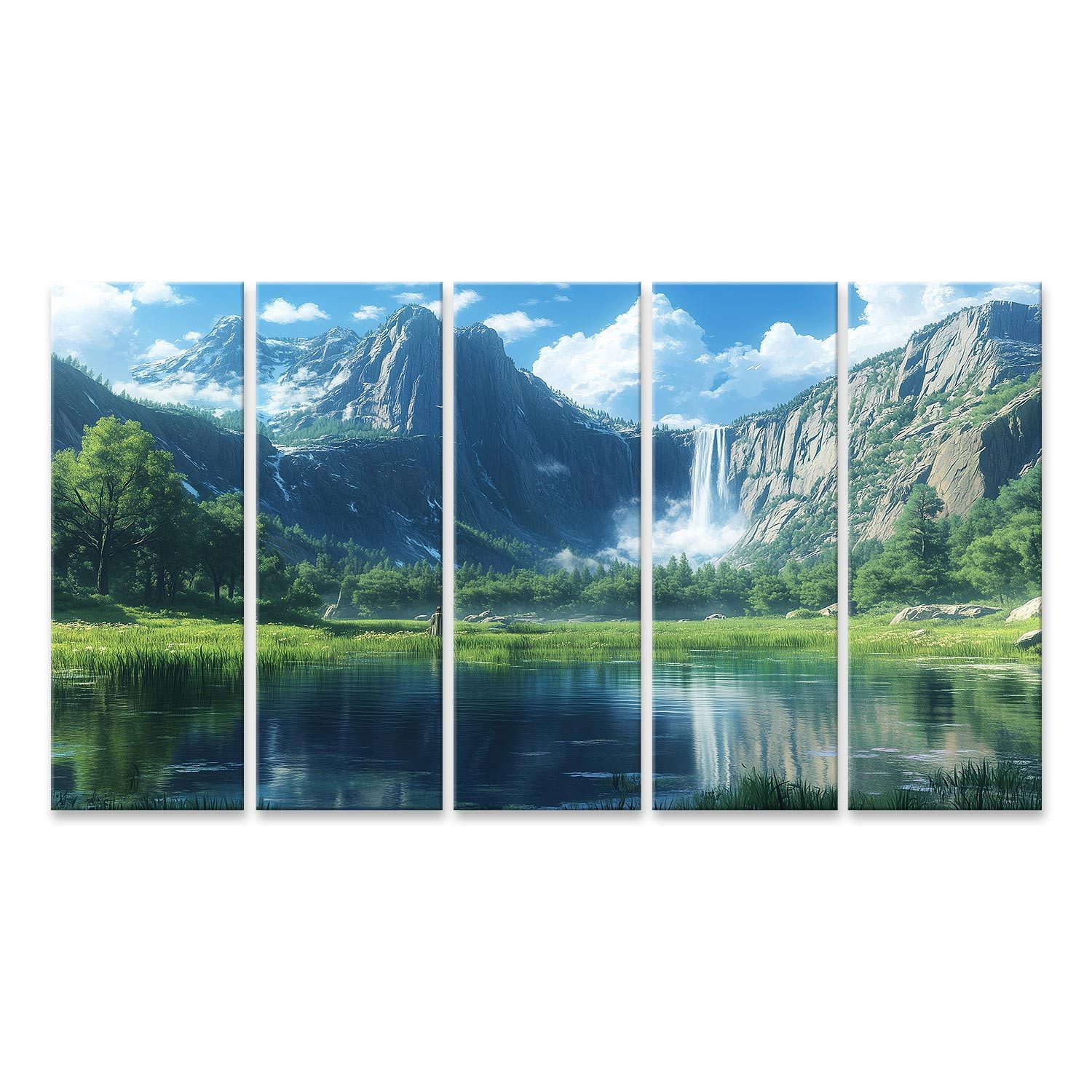 islandburner Leinwandbild, Bergsee mit Wasserfall und grünen Wiesen, Format inkl. Abstand ...