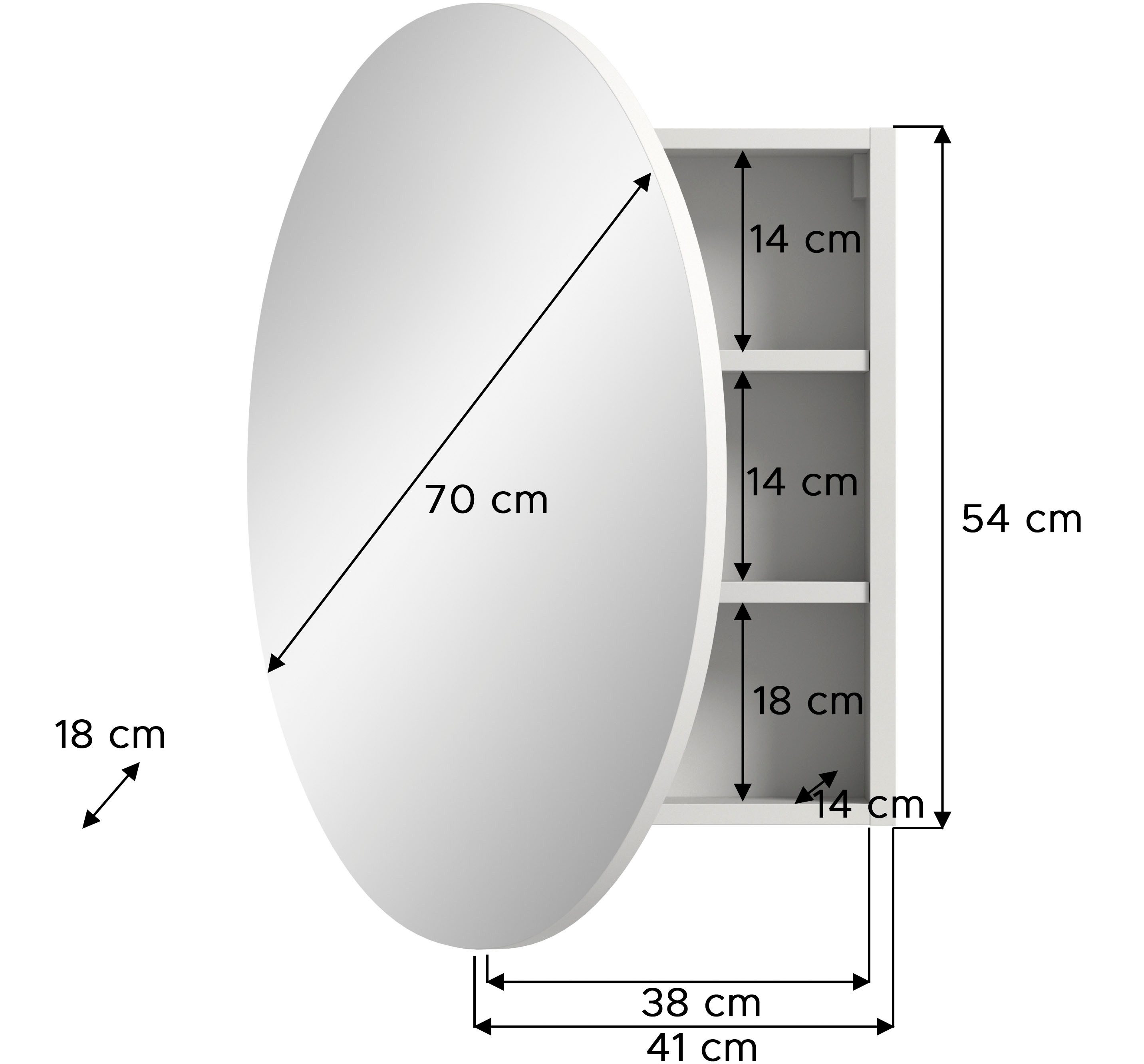 welltime Spiegelschrank Litica, rund Ø 70cm, 1 Spiegeltür, 2 ...