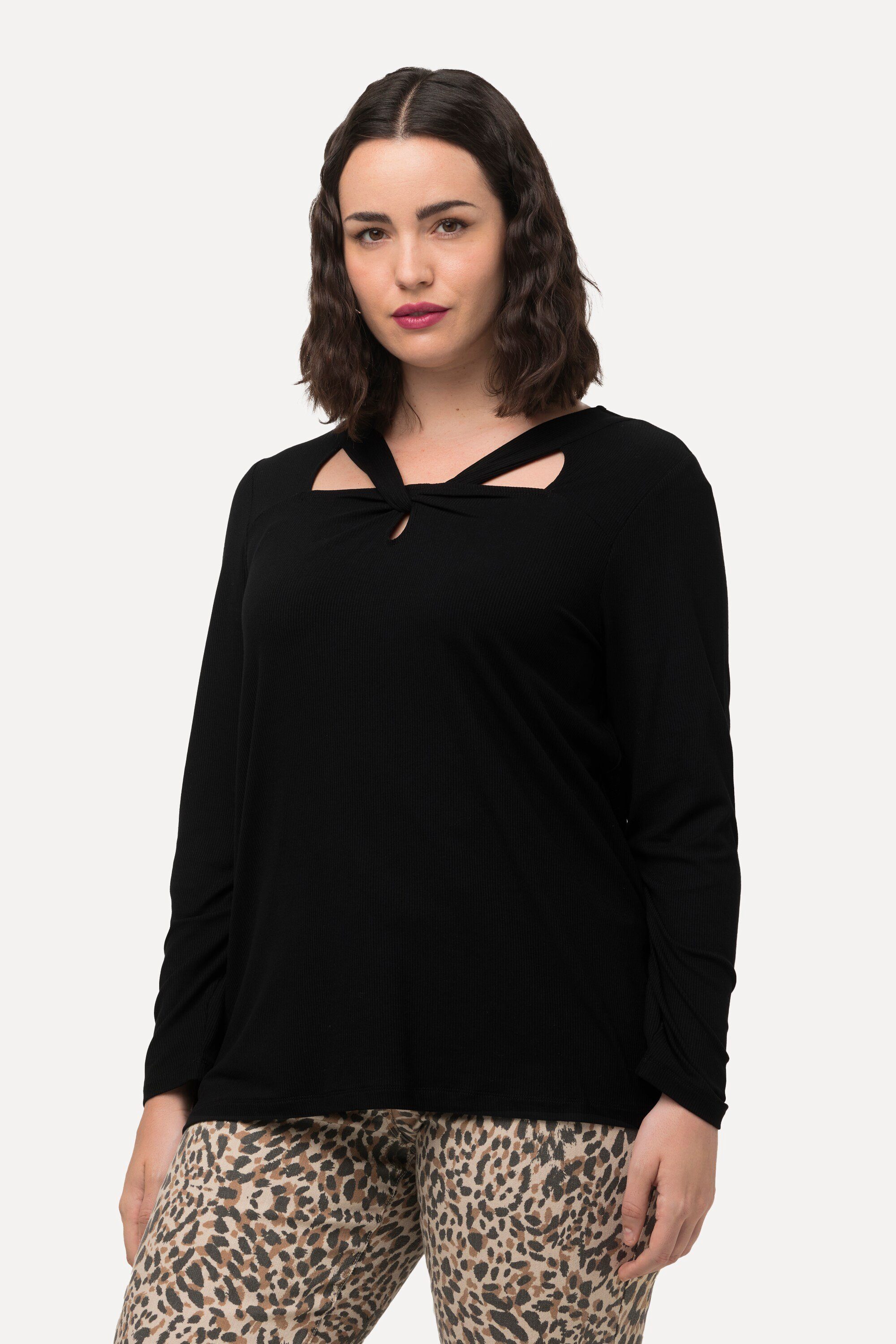 Ulla Popken Rundhalsshirt Shirt Rippjersey Cut Outs V Ausschnitt Langarm