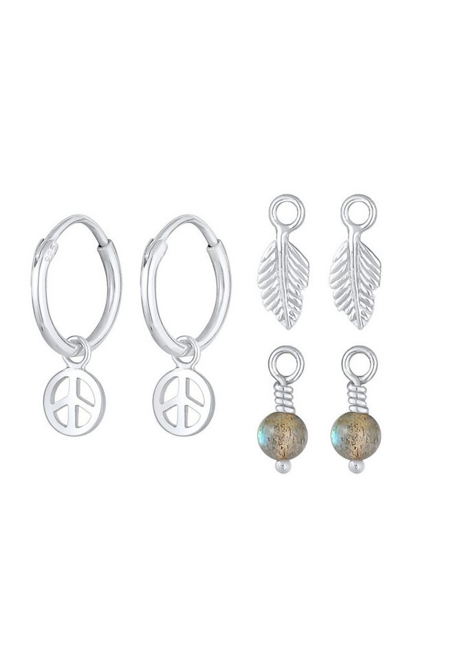 Elli Ohrring Set Creolen 3 Set Peace Feder Labradorit 925 Silber