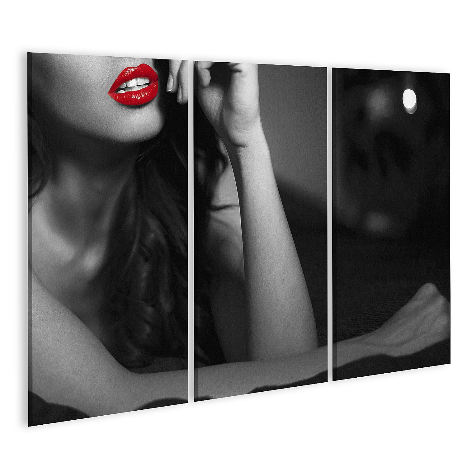 islandburner Leinwandbild Bild auf Leinwand Sexy Frau mit roten Lippen auf dem Bett Closeup sinn