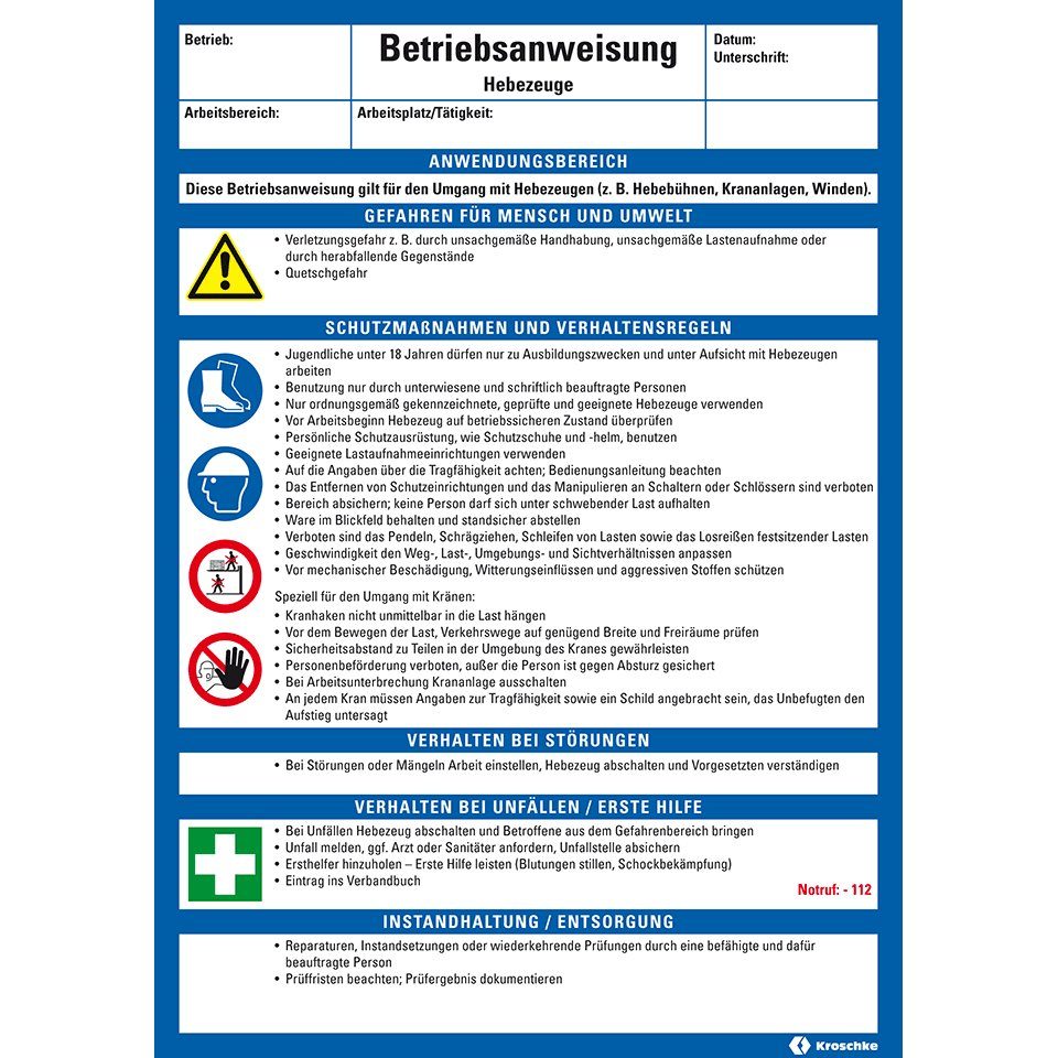 König Werbeanlagen Hinweisschild »Maschinenbetriebsanweisung Hebezeuge, Kunststoff, 210x297mm ...