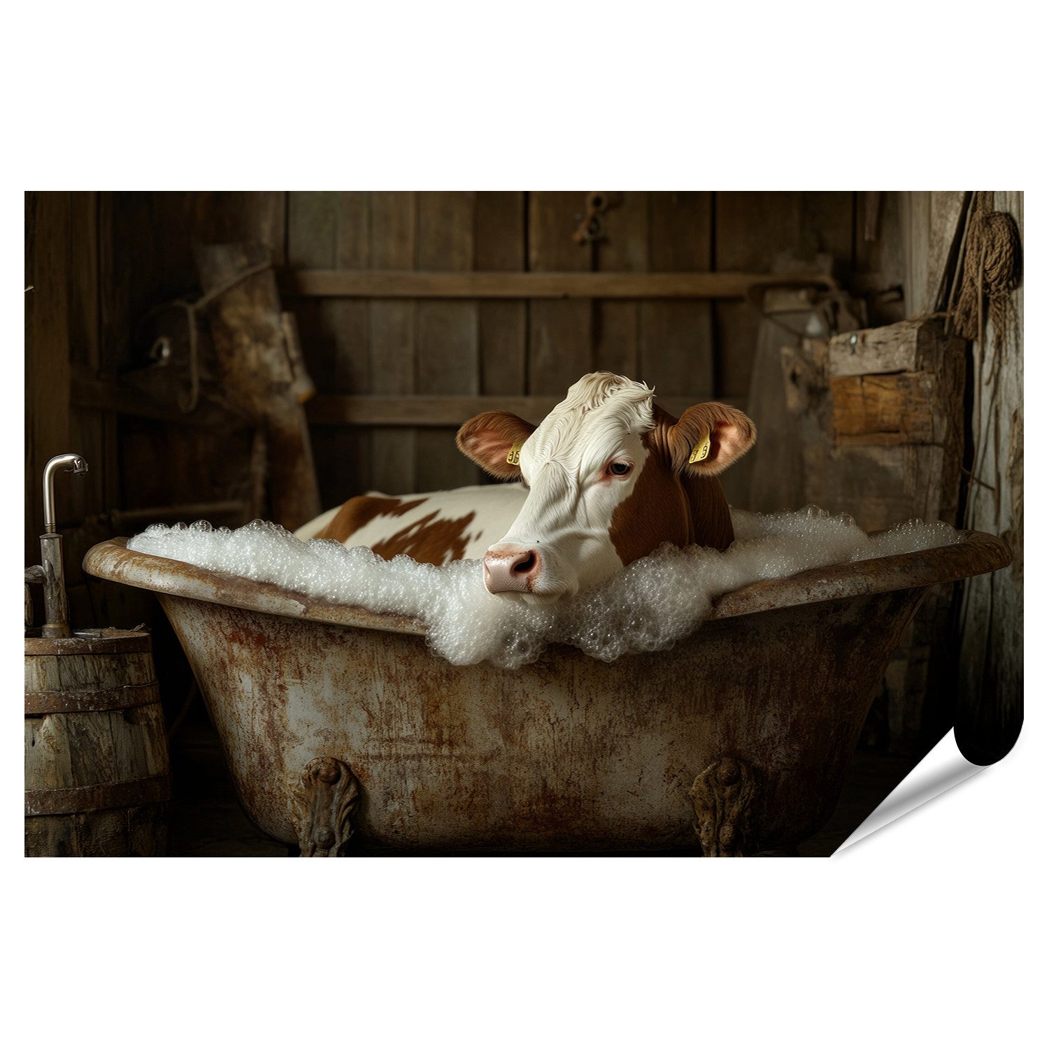 islandburner Poster, Kuh in einer Badewanne mit Schaum in einer Scheune