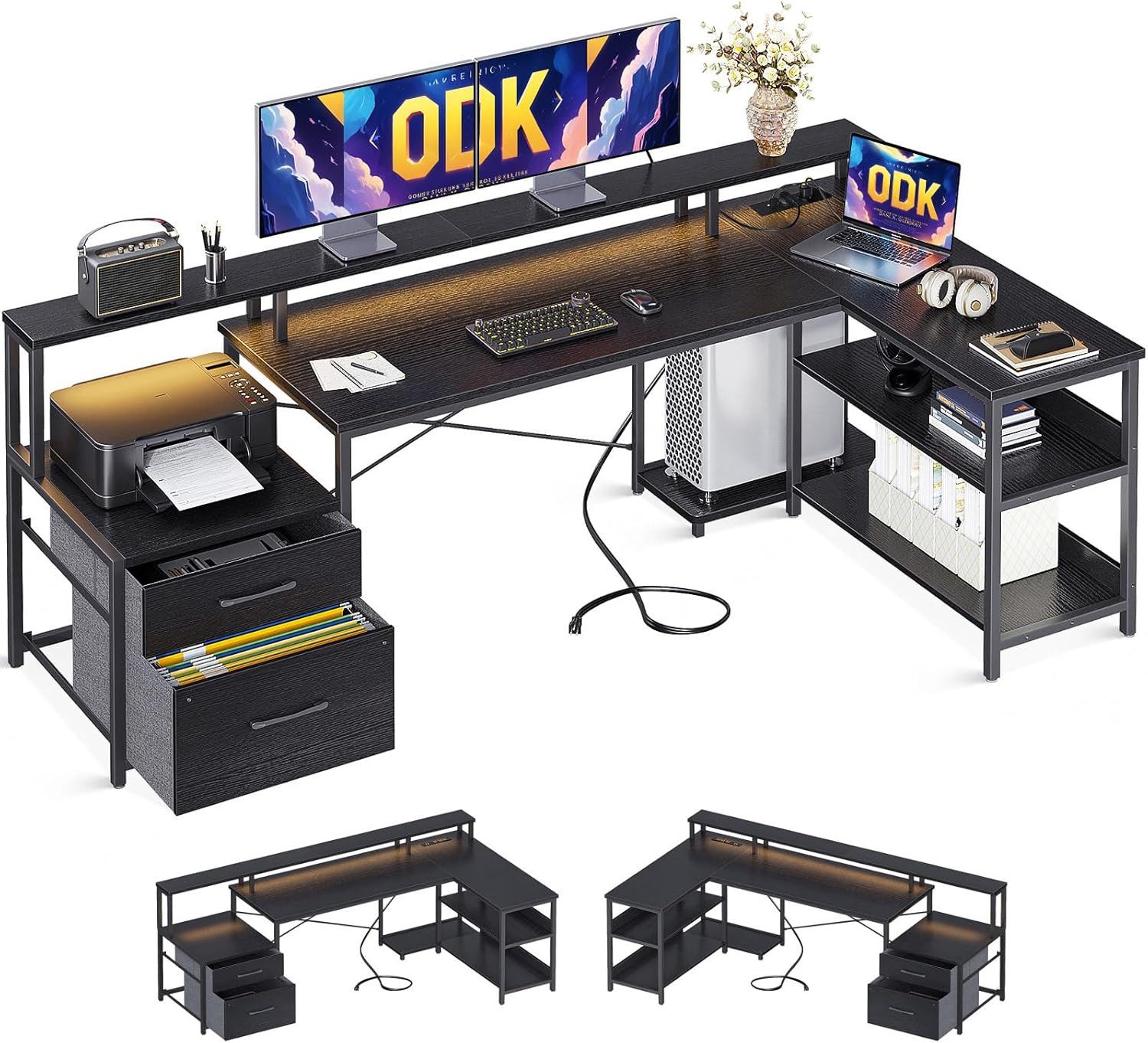 ODK Eckschreibtisch ODK Reversibel Eckschreibtisch mit Schubladen LED Schwarz 189.5×100cm