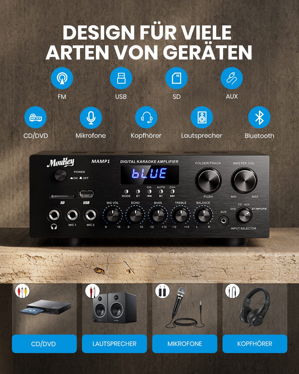 Moukey MAMP1 2-Kanal Stereo-Verstärker Leistungsverstärker Bluetooth ...