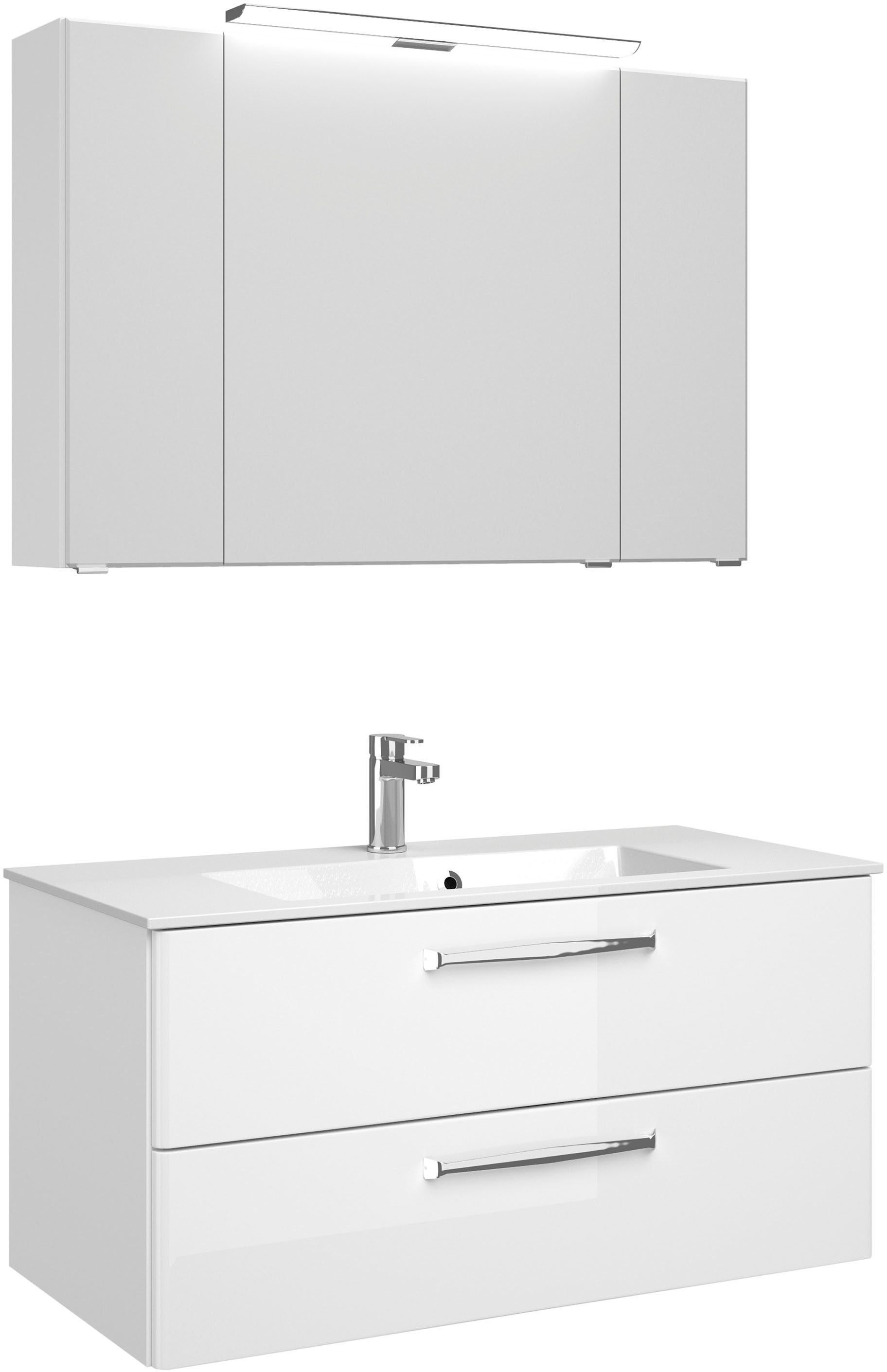 Saphir Badmöbel-Set Trentino 2-tlg Mineralmarmor-Waschtisch, Spiegelschrank mit LED-Profil, (3 ...