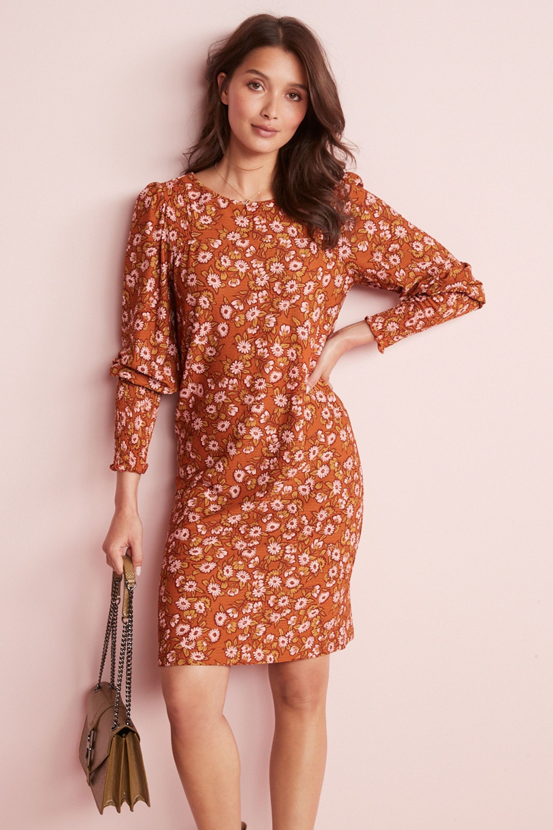 Next Minikleid Minikleid Mit Gesmoktem Kragen Und Langen Ärmeln 1 Tlg