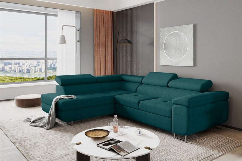 Fun Möbel Ecksofa Couchgarnitur Jade Stoff Türkis Mit Schlaffunktion