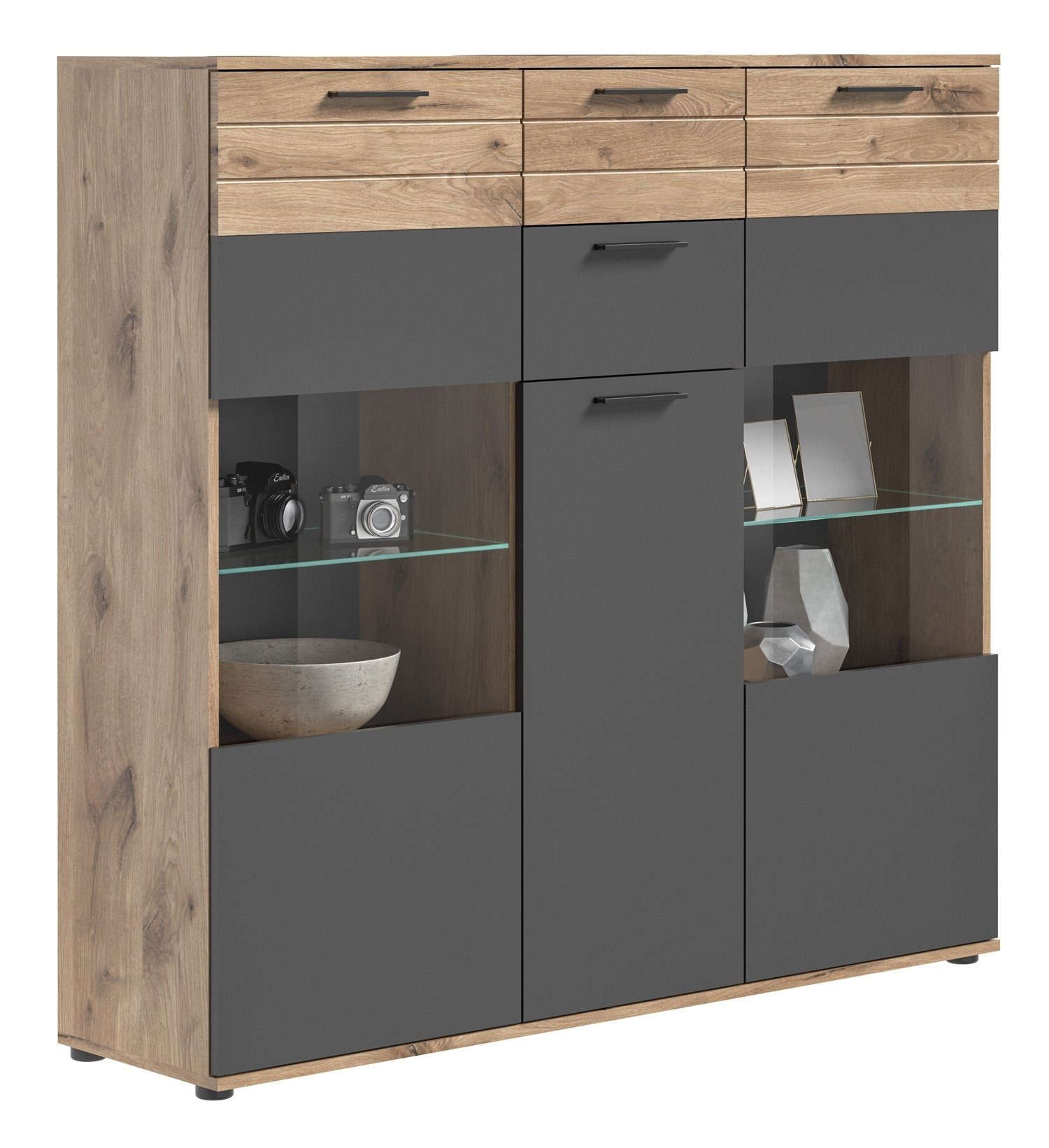 xonox.home Highboard Highboard Mason, Nox Oak / Basalt Grau, 3 Türen und 2 Schubladen mit ...