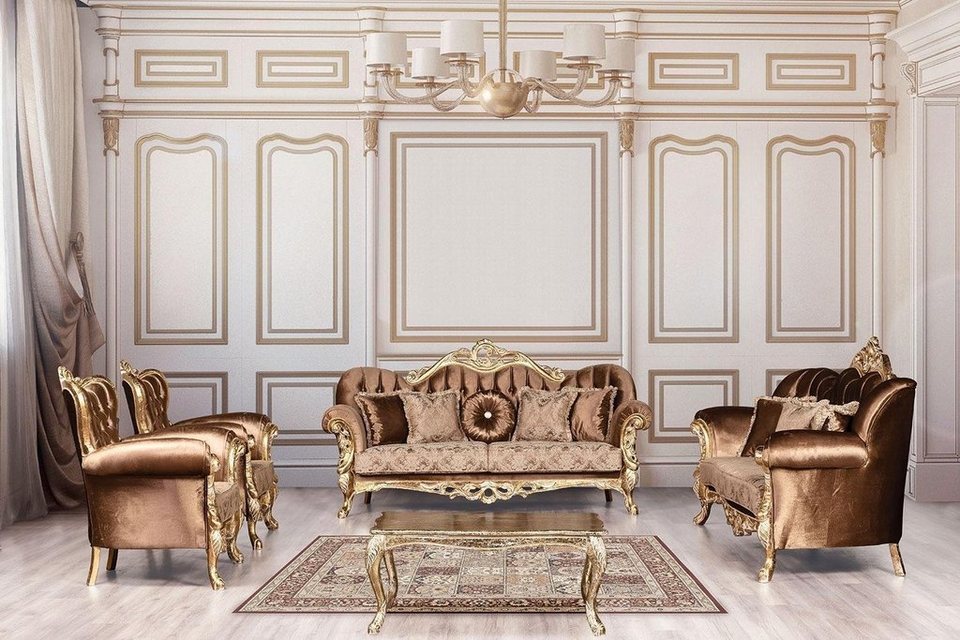 Jvmoebel Wohnzimmer Set Goldene Samt Couch Set Chesterfield