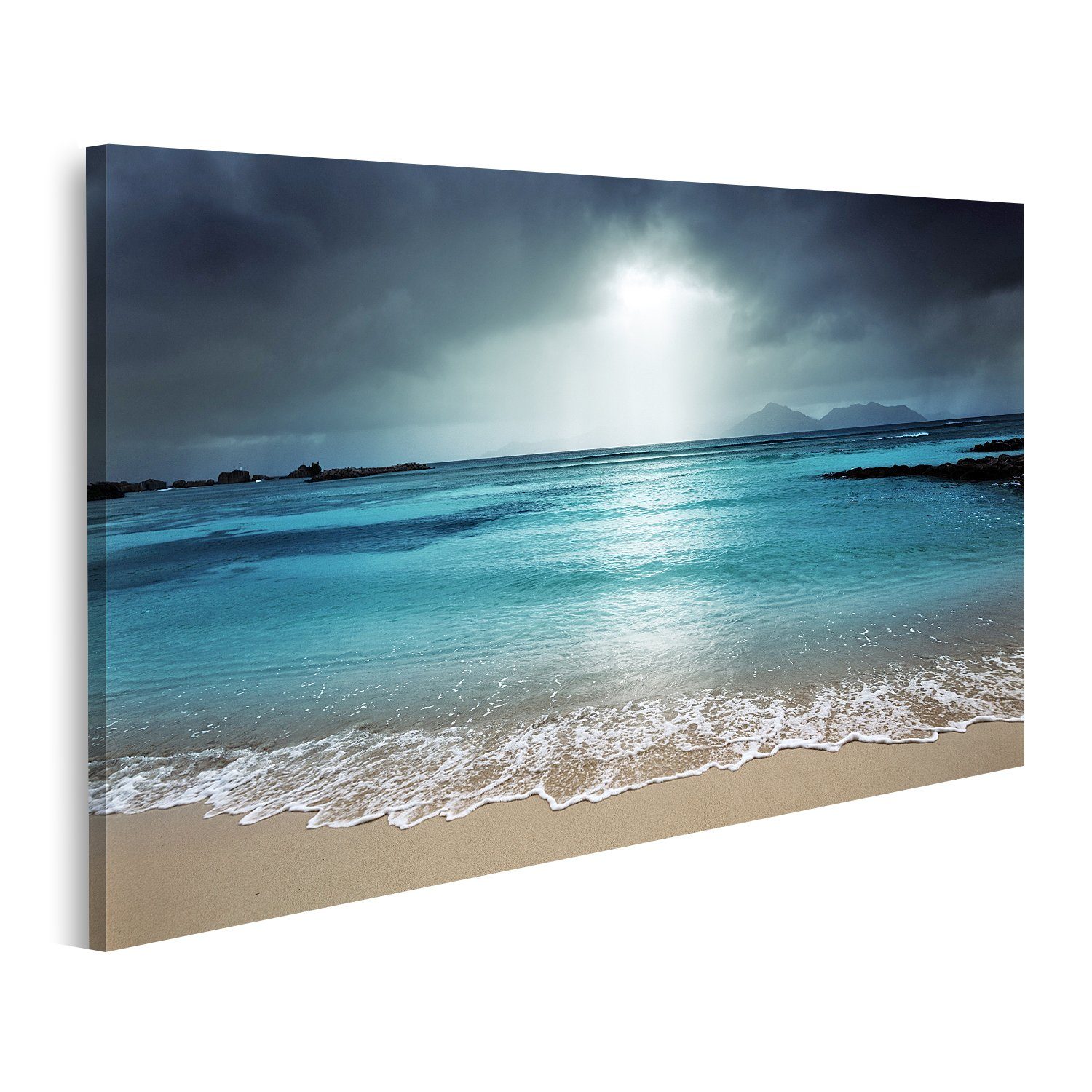 islandburner Leinwandbild Bild auf Leinwand Dunkler Himmel am Strand von La Digue Insel Seychell