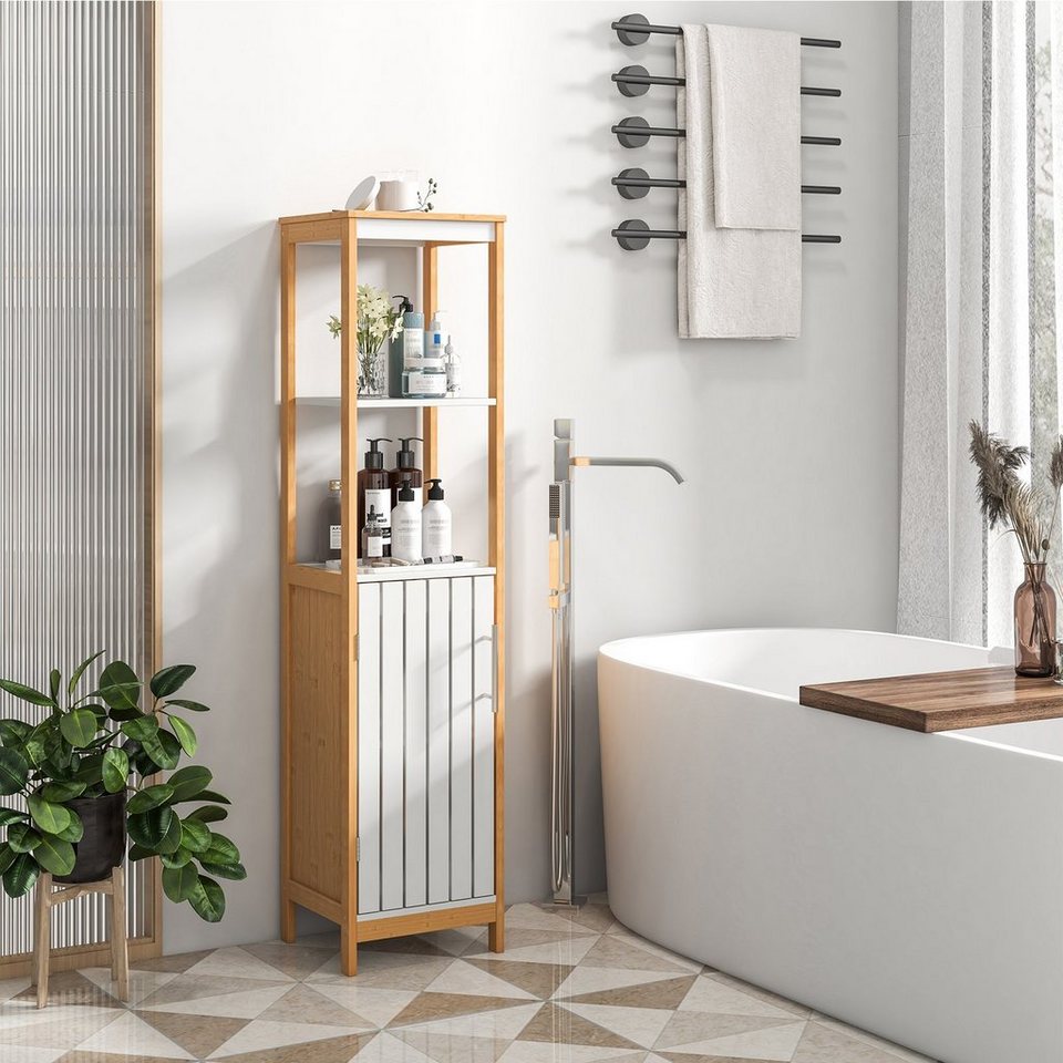 Costway Badkommode Badezimmerschrank Schmal Aus Bambus 129cm