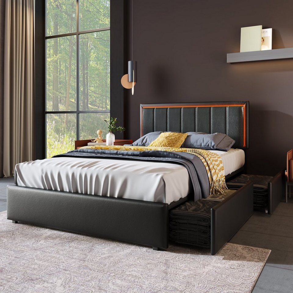Redom Polsterbett Doppelbett Stauraumbett Bett Mit Lattenrost Schwarz