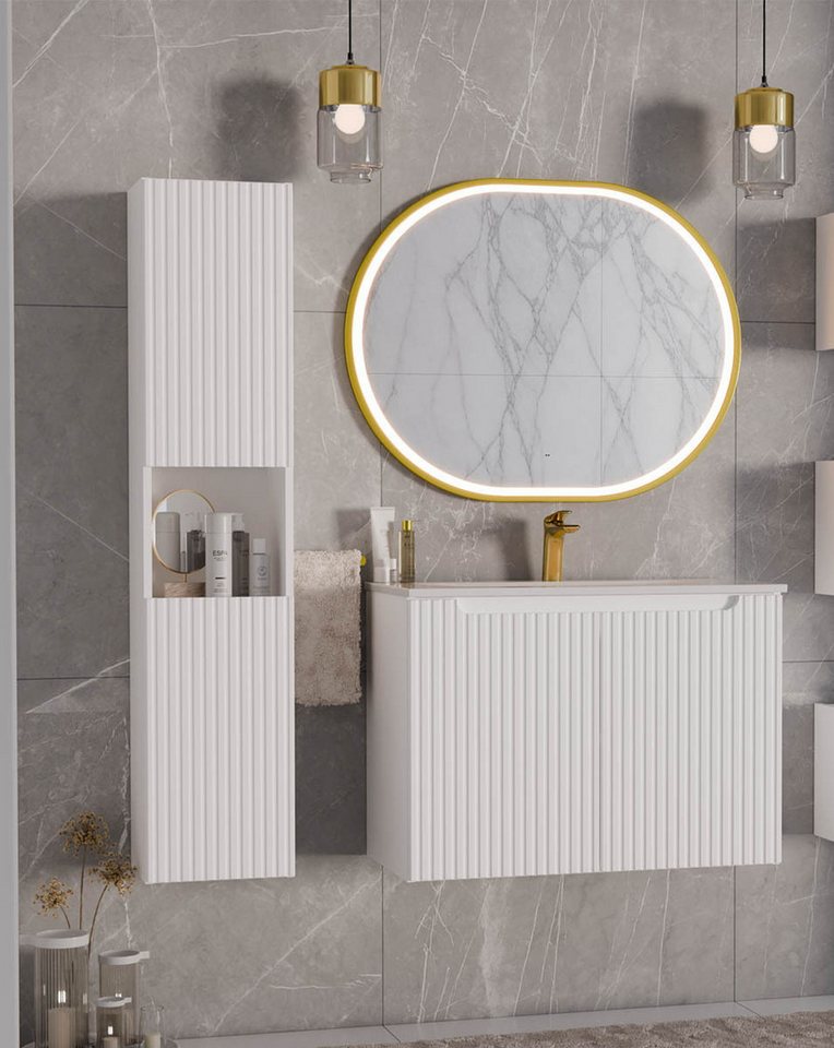 Einfachgutemoebel Waschtisch Set Bad Set Iluna White 80cm Türen 3 Tlg