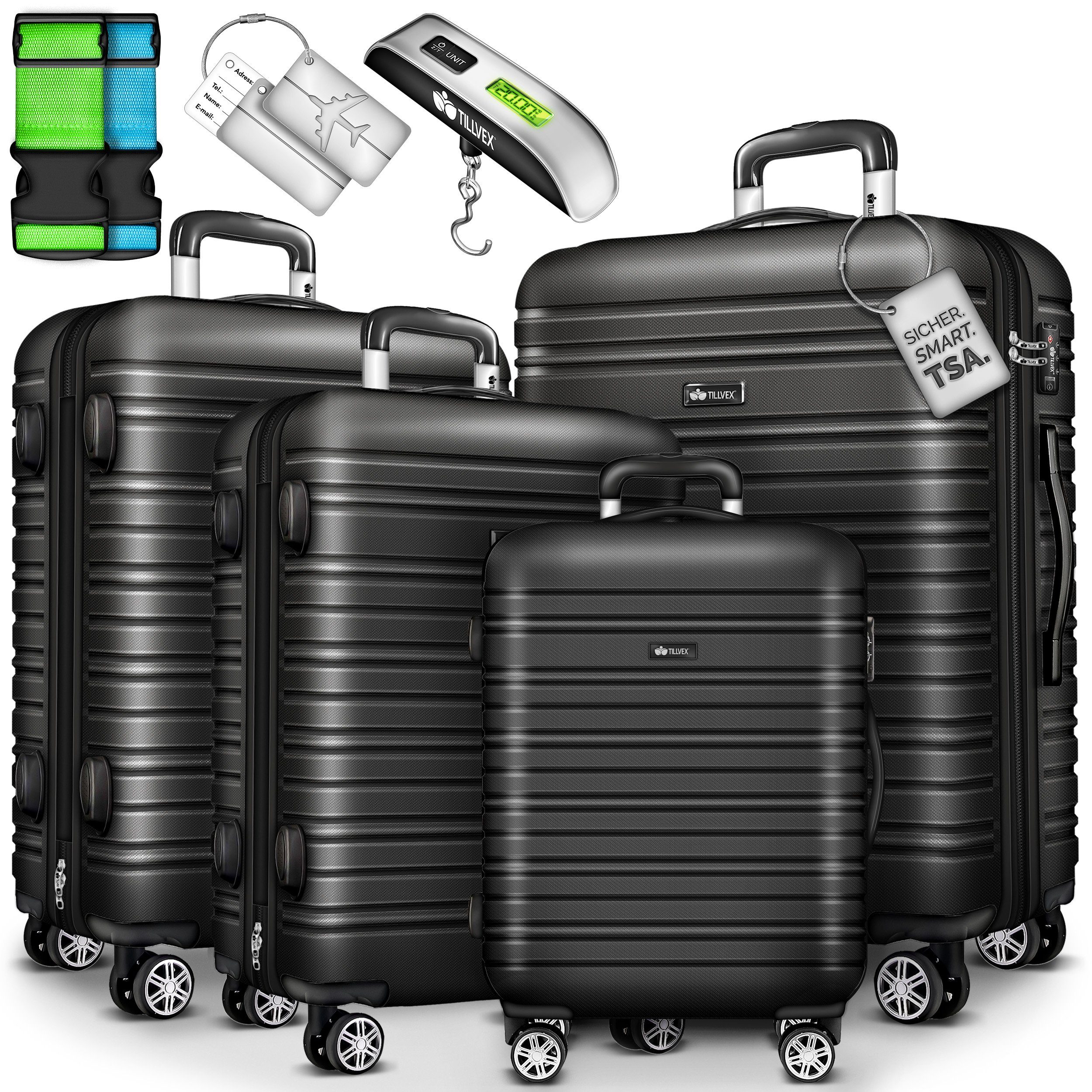 Tillvex Kofferset Reisekoffer Set 4 Teilig Mit Gepäckwaage Koffergurte