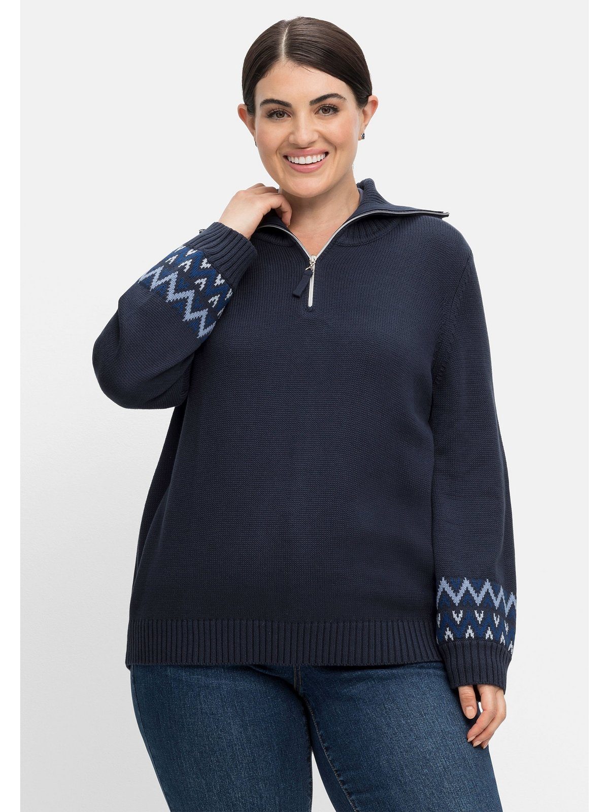 Sheego Strickpullover Große Größen Mit Ethnomuster Am Ärmel