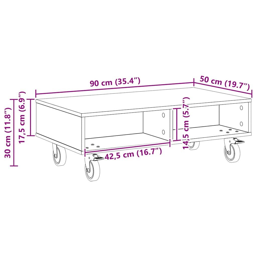 vidaXL Beistelltisch Beistelltisch mit Rädern Geräucherte Eiche 90 x 50 ...