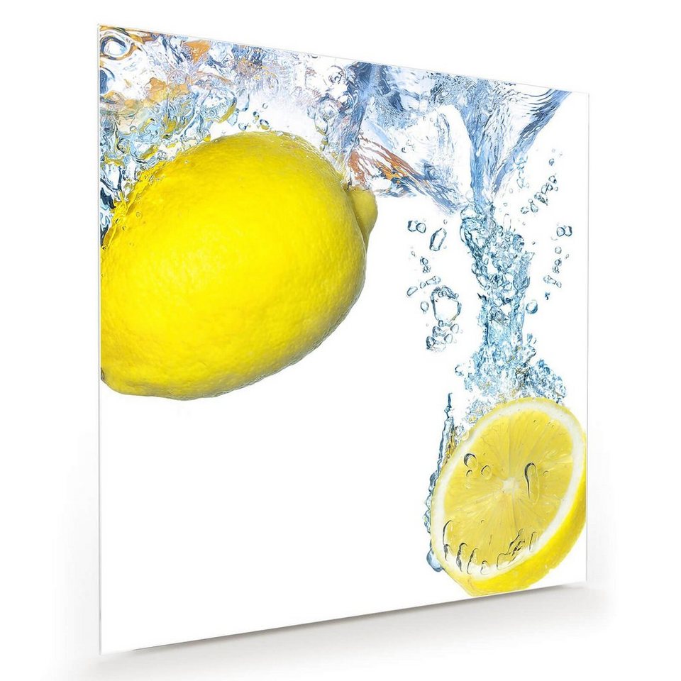 Primedeco Glasbild Wandbild Quadratisch Zitronen Fallen In Wasser Mit