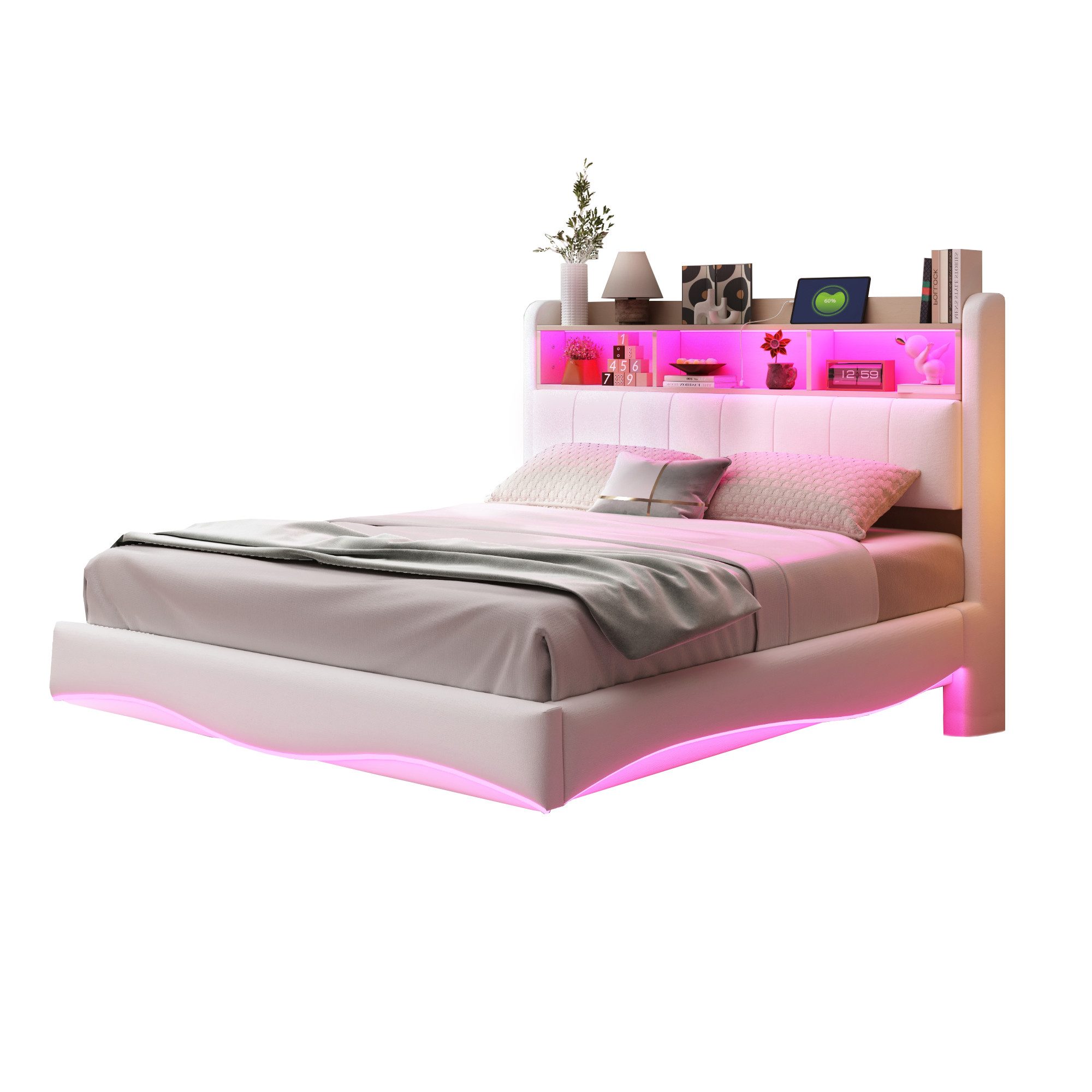 Okwish Polsterbett Doppelbettgästebettmit Led Licht Usb Und Type C