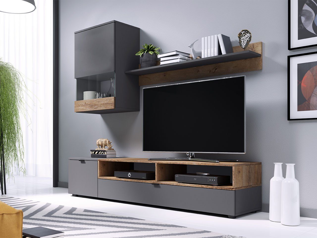 Mirjan24 Wohnwand Pat 3er Set Tv Lowboard Vitrine Wandregal